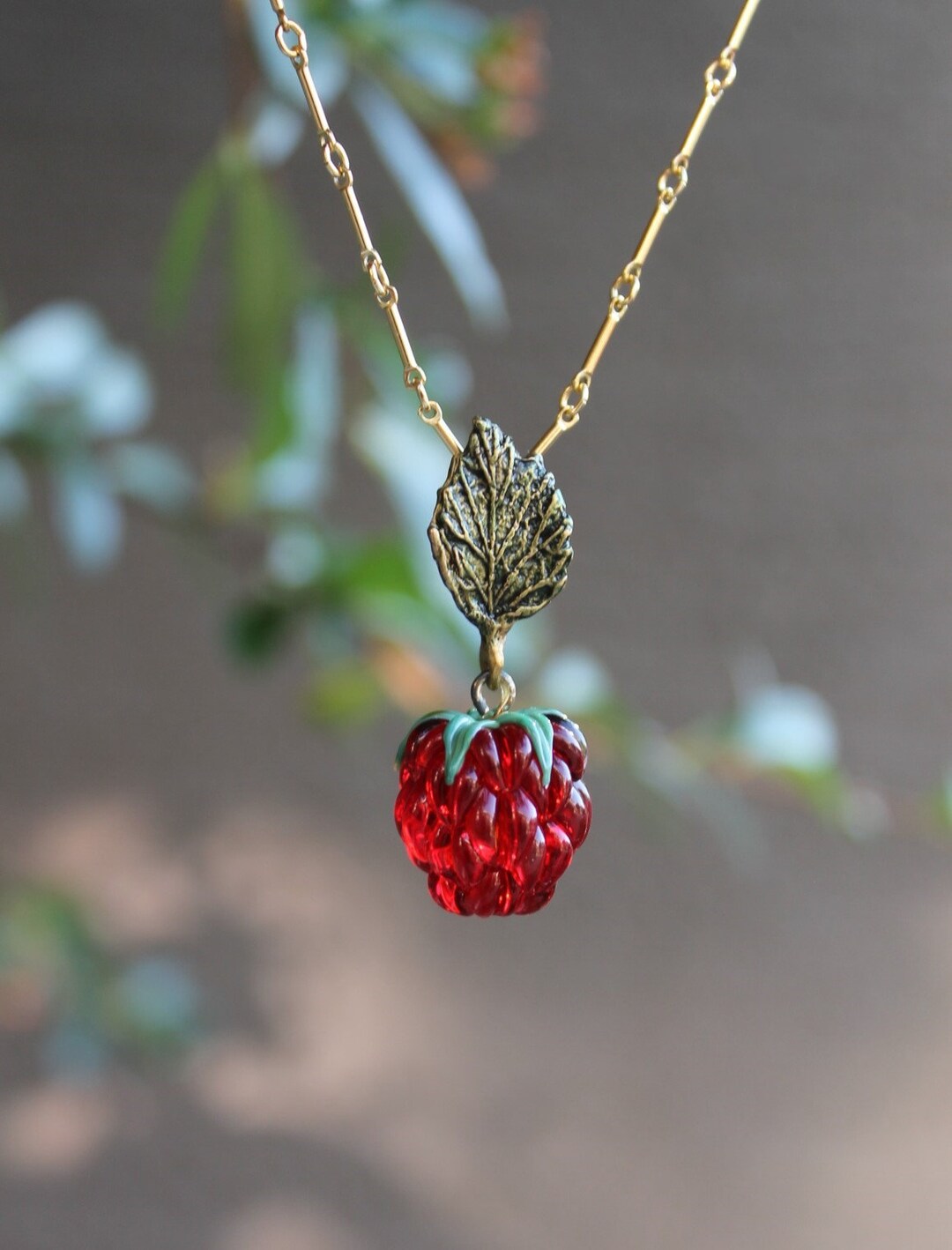 Glass Raspberry Pendant, Necklace With Leaf Bail in Silver or Gold ...
