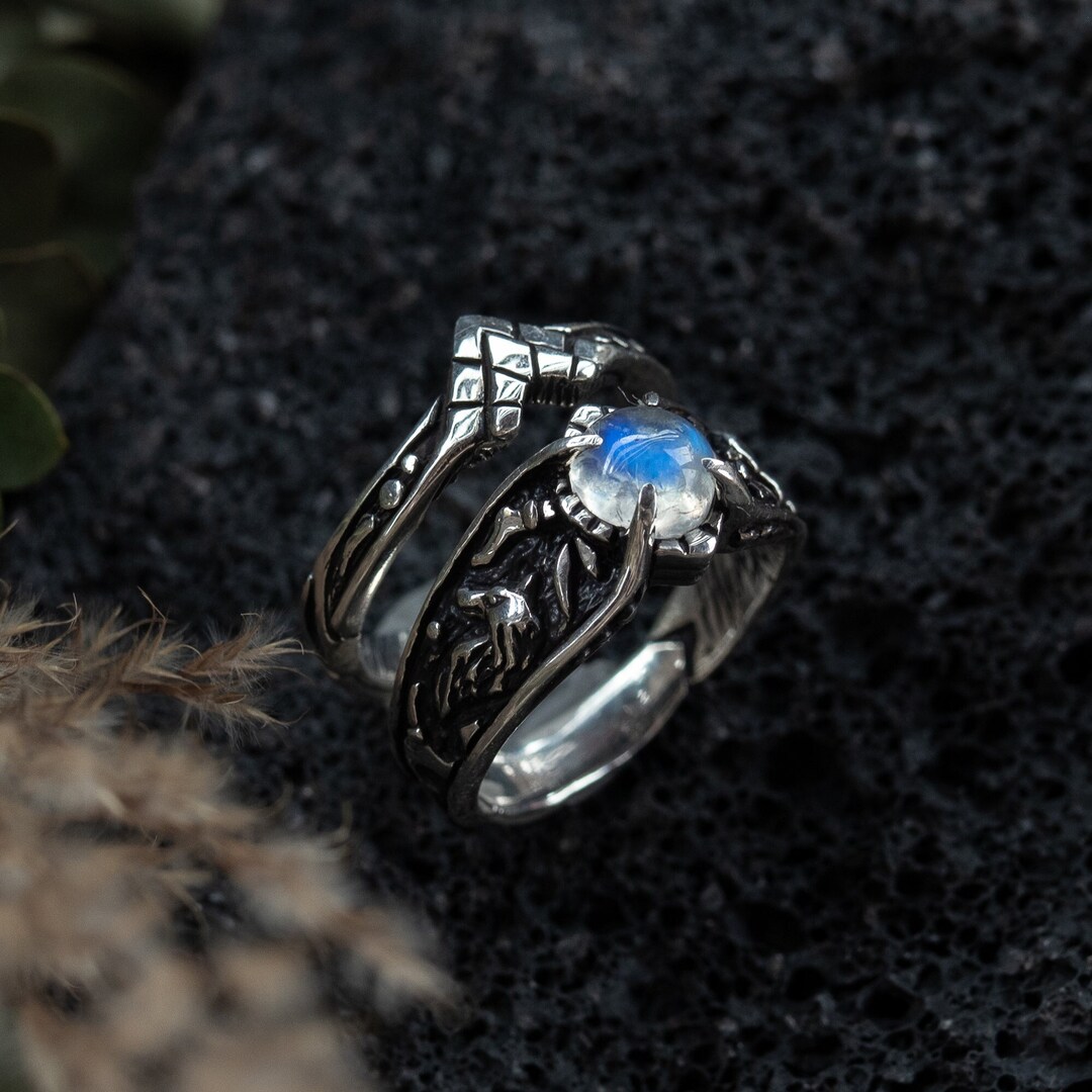 Moonstone Ring Set "wolves" | Wolf Ring Set | Blackened Silver Wedding Ring | Boho Engagement ...