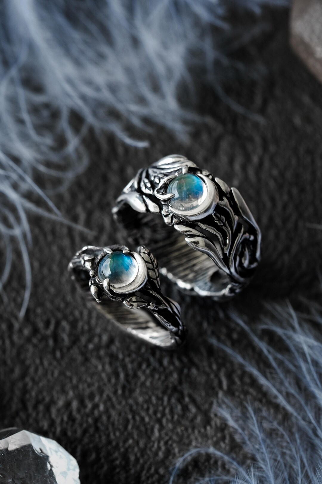 Vintage Moonstone Engagement Ring Set LUNA | Unique Bridal Set | Silver ...