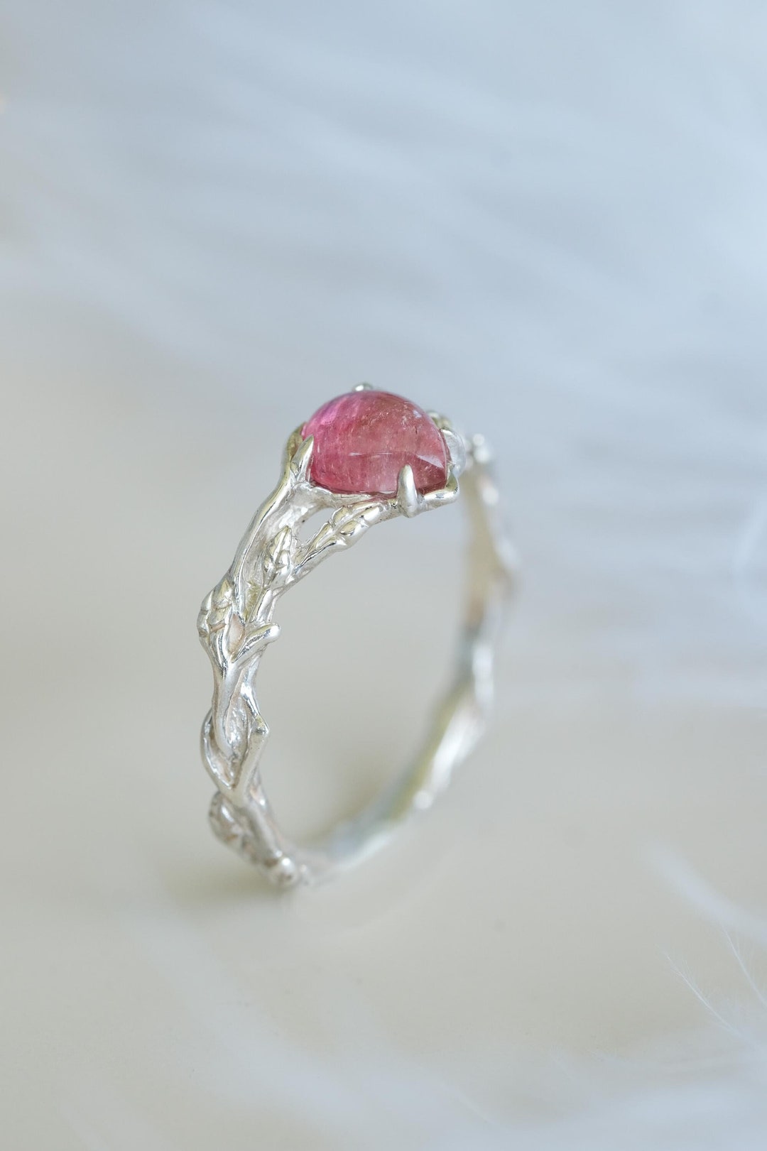 Pink Tourmaline Ring BLOSSOM | Sterling Silver Ring | Leaves Ring for Women | Solitaire ...