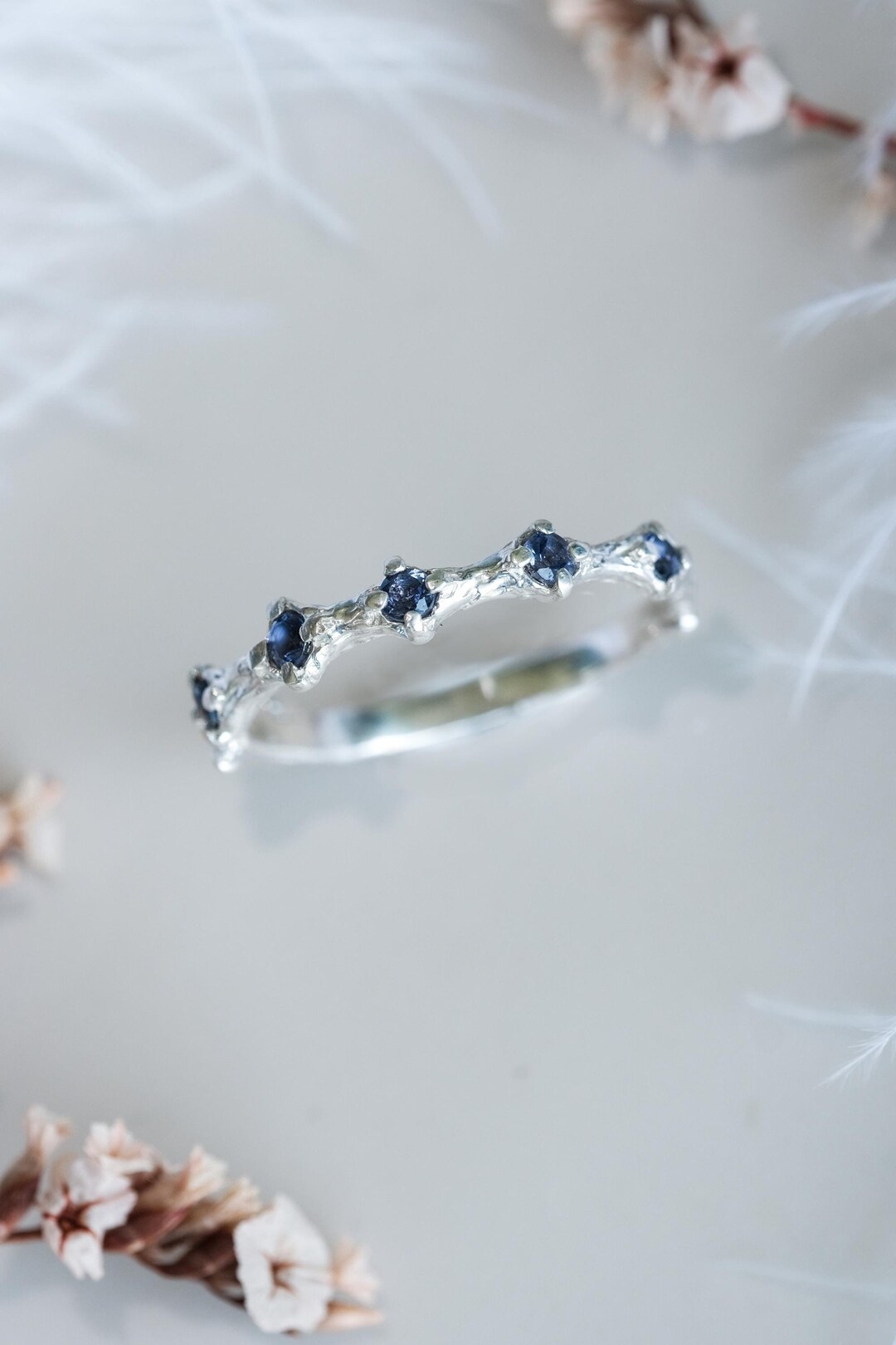 14K White Gold 5 Stone Ring BLOSSOM | Vintage Art Deco Ring | Tiny Blue ...