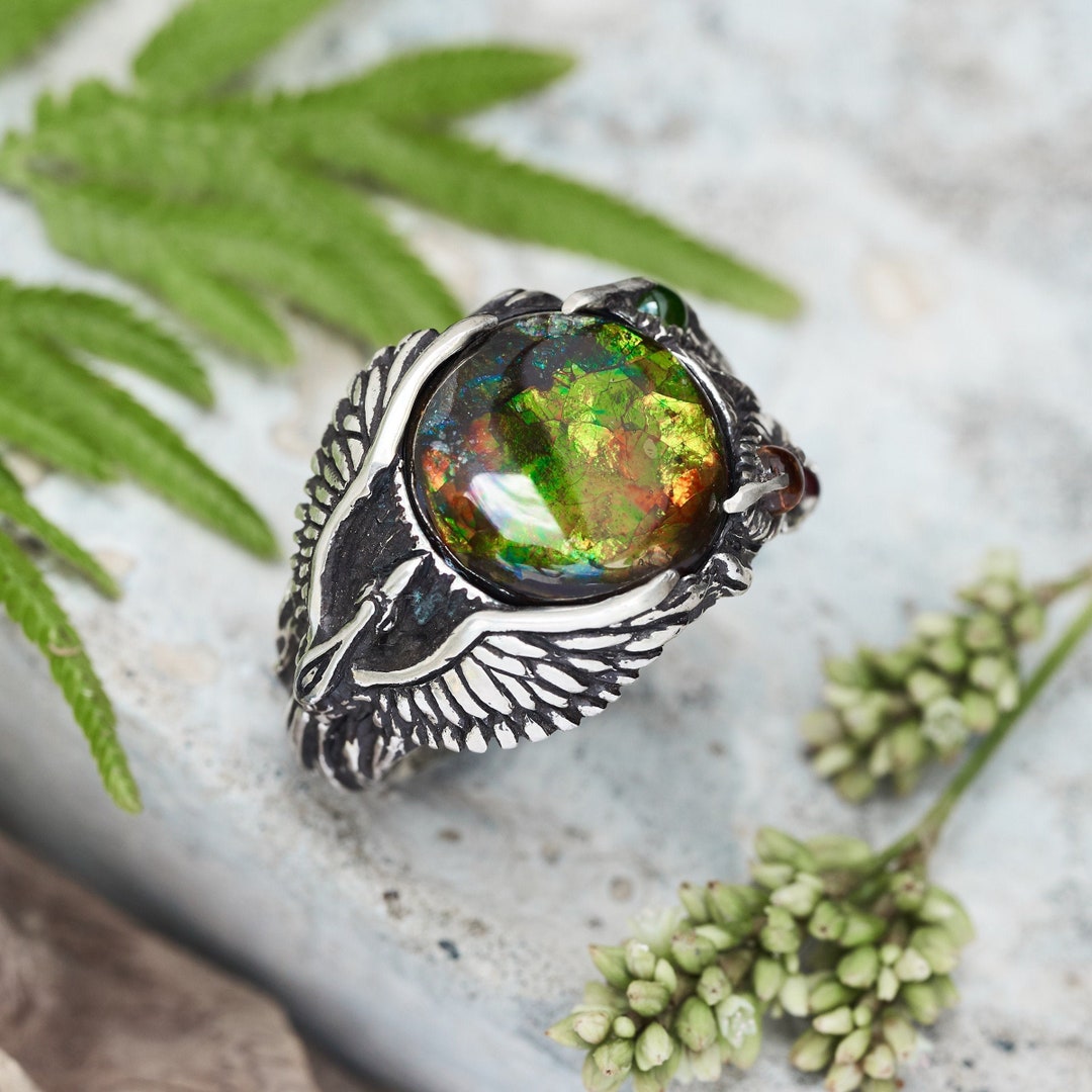 Ammolite Ring for Women & Men | Rising Phoenix Bird Ring Sterling ...