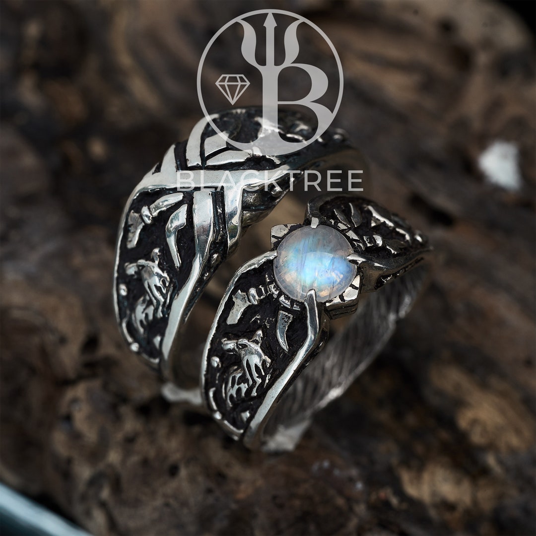 Boho Couples Ring | Moonstone Statement Viking Ring Set | Wide Wedding ...