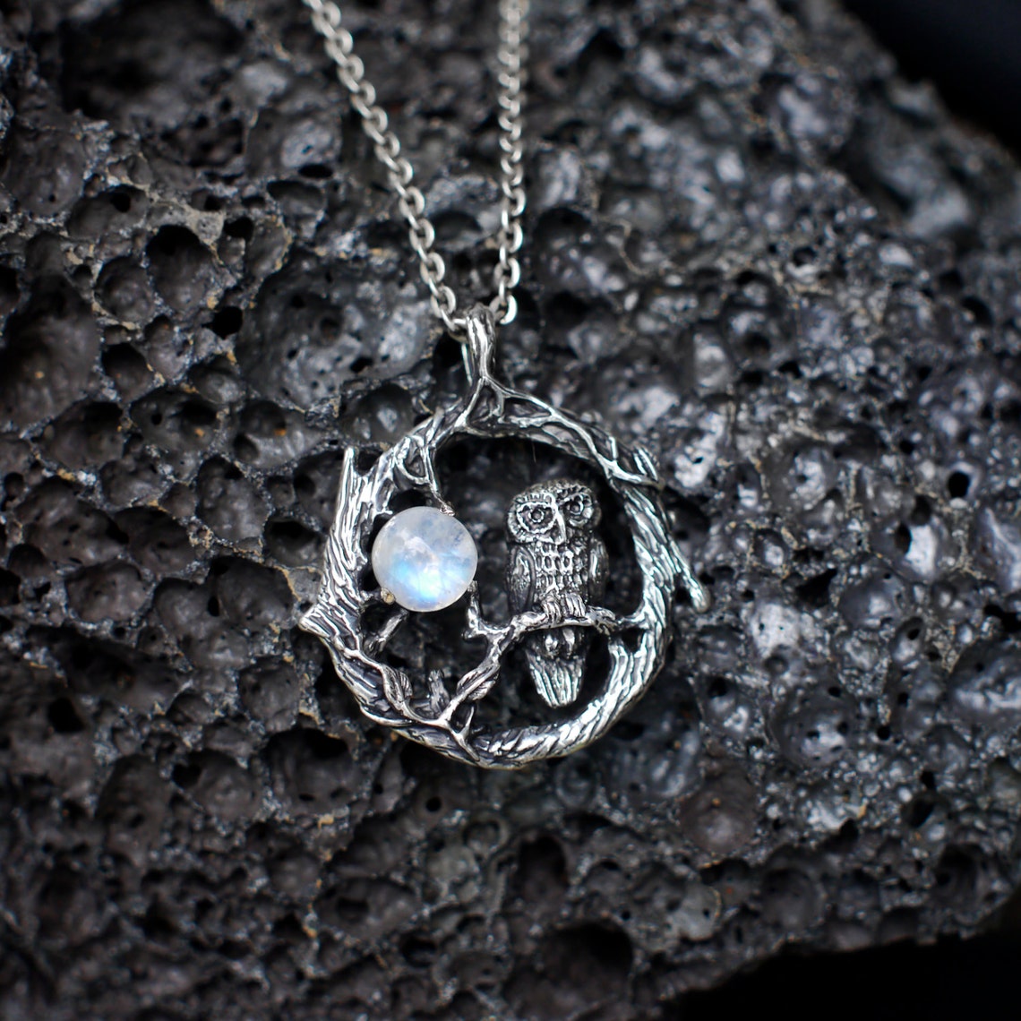 OWL MOON Necklace | Moonstone Full Moon Pendant | Witchy Silver Jewelry ...