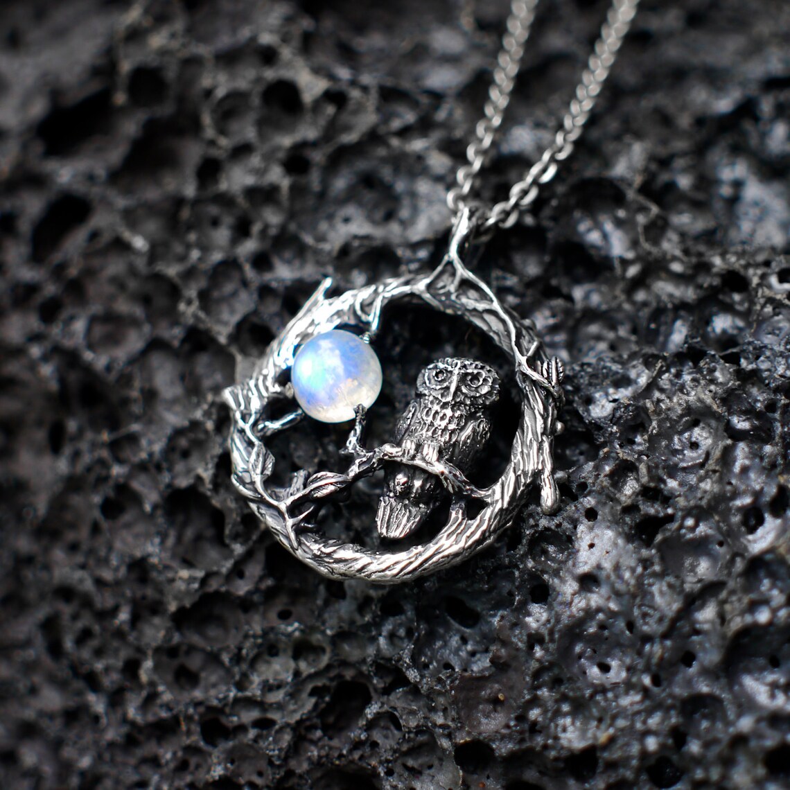 OWL MOON Necklace | Moonstone Full Moon Pendant | Witchy Silver Jewelry ...