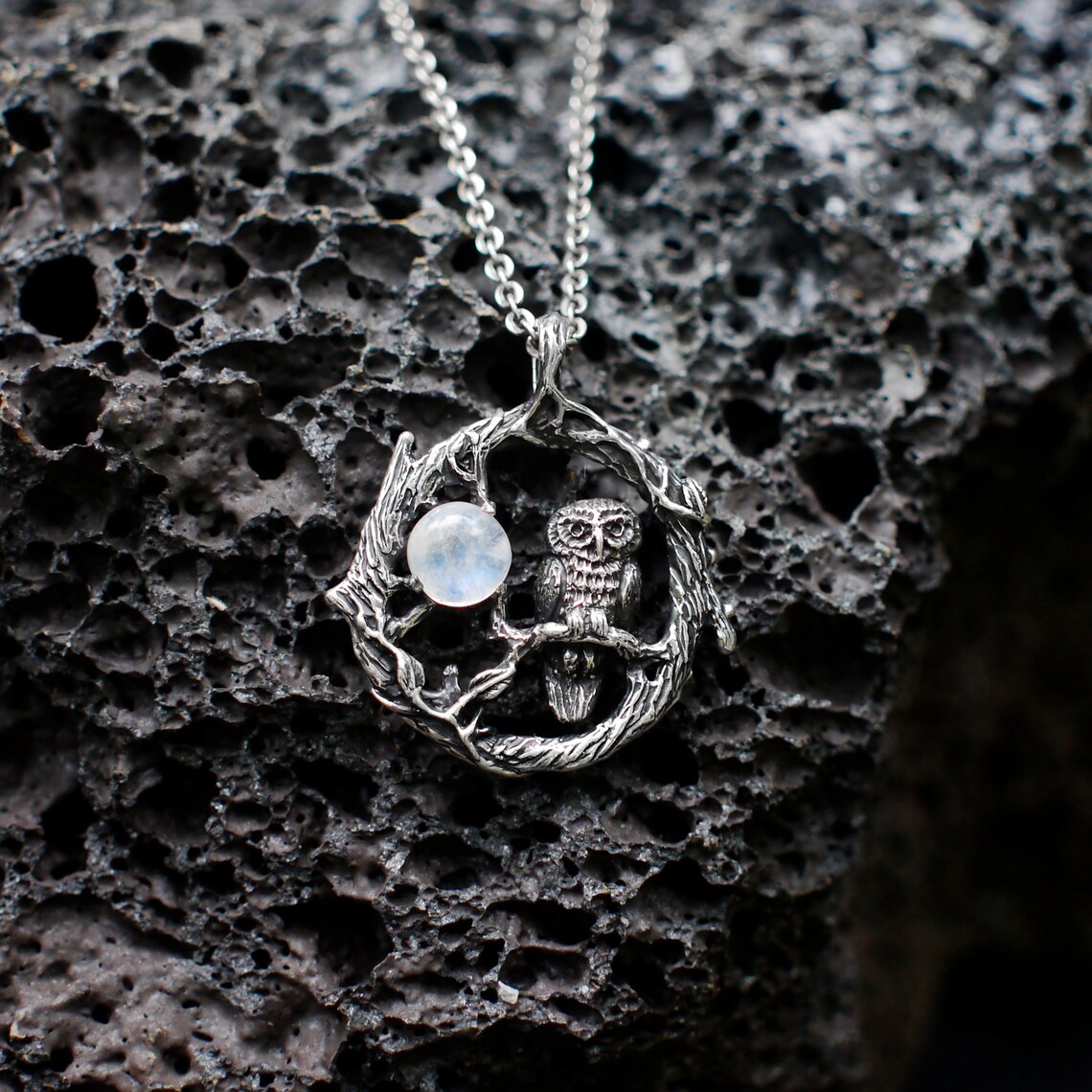 OWL MOON Necklace | Moonstone Full Moon Pendant | Witchy Silver Jewelry ...
