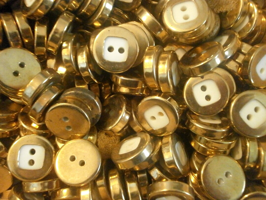 50 Pcs Vintage Gold Round Buttons 15mm Goldtone and Ivory Plastic Metal ...