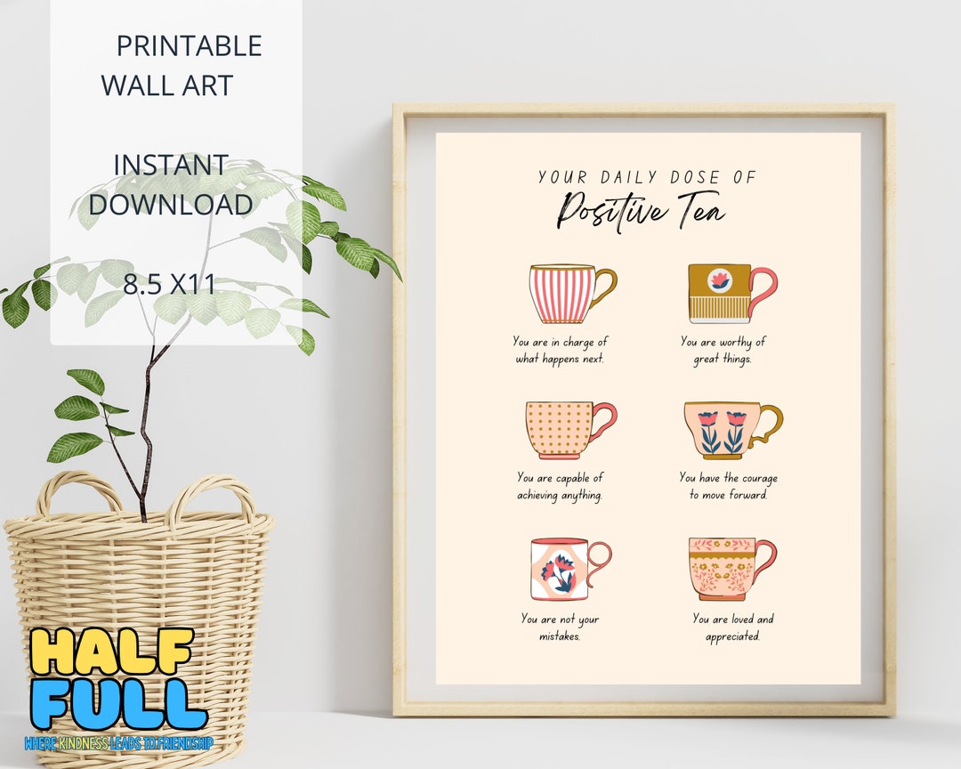 Daily Positivity Poster Printable, Positive Dose of Tea Be Kind Art ...