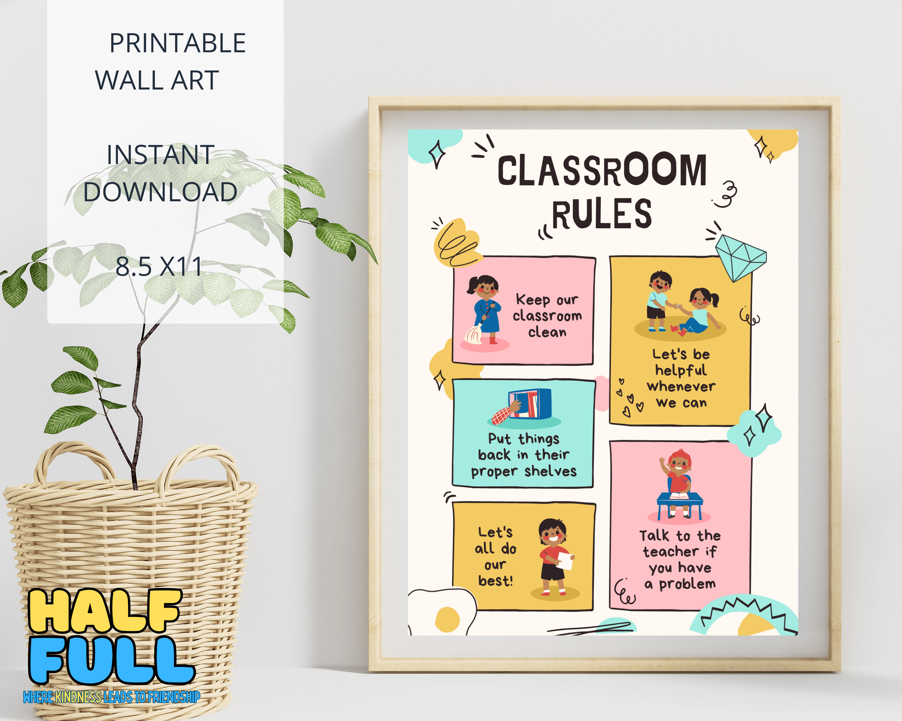 Classroom Rules Poster Printable, Rules in the Classroom Be Kind Art ...