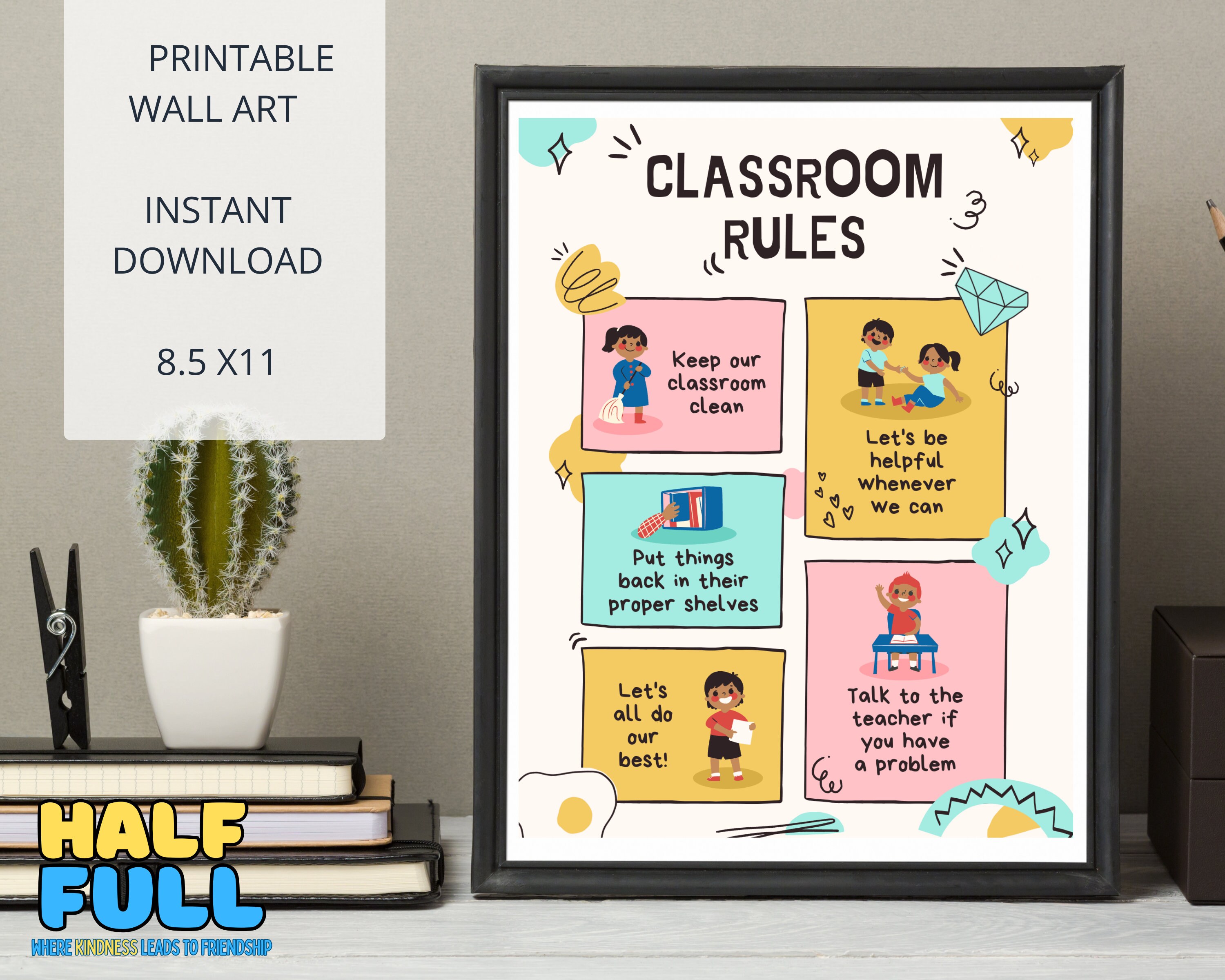 Classroom Rules Poster Printable, Rules in the Classroom Be Kind Art ...