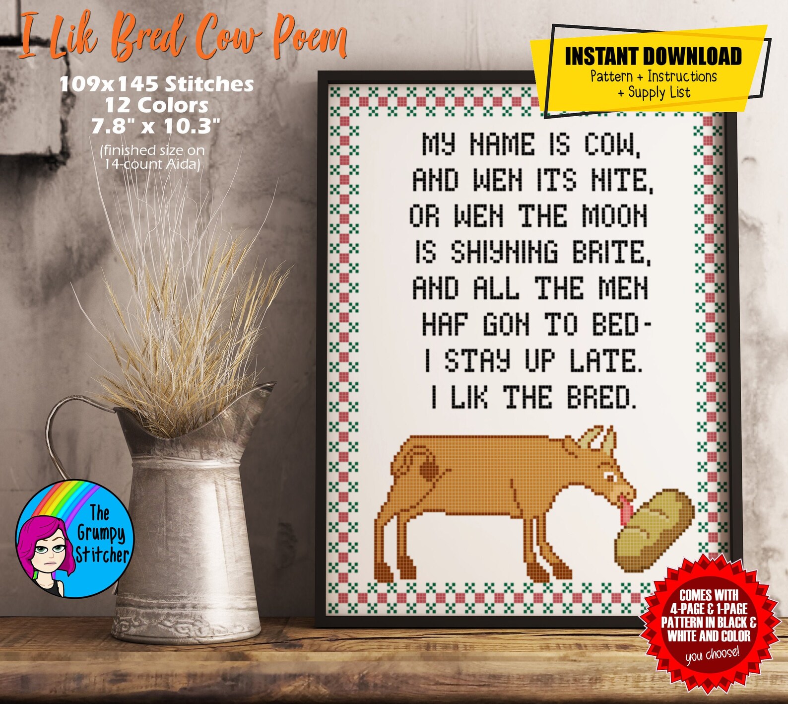 I Lik Bred Cow Poem Cross Stitch Pattern - Etsy