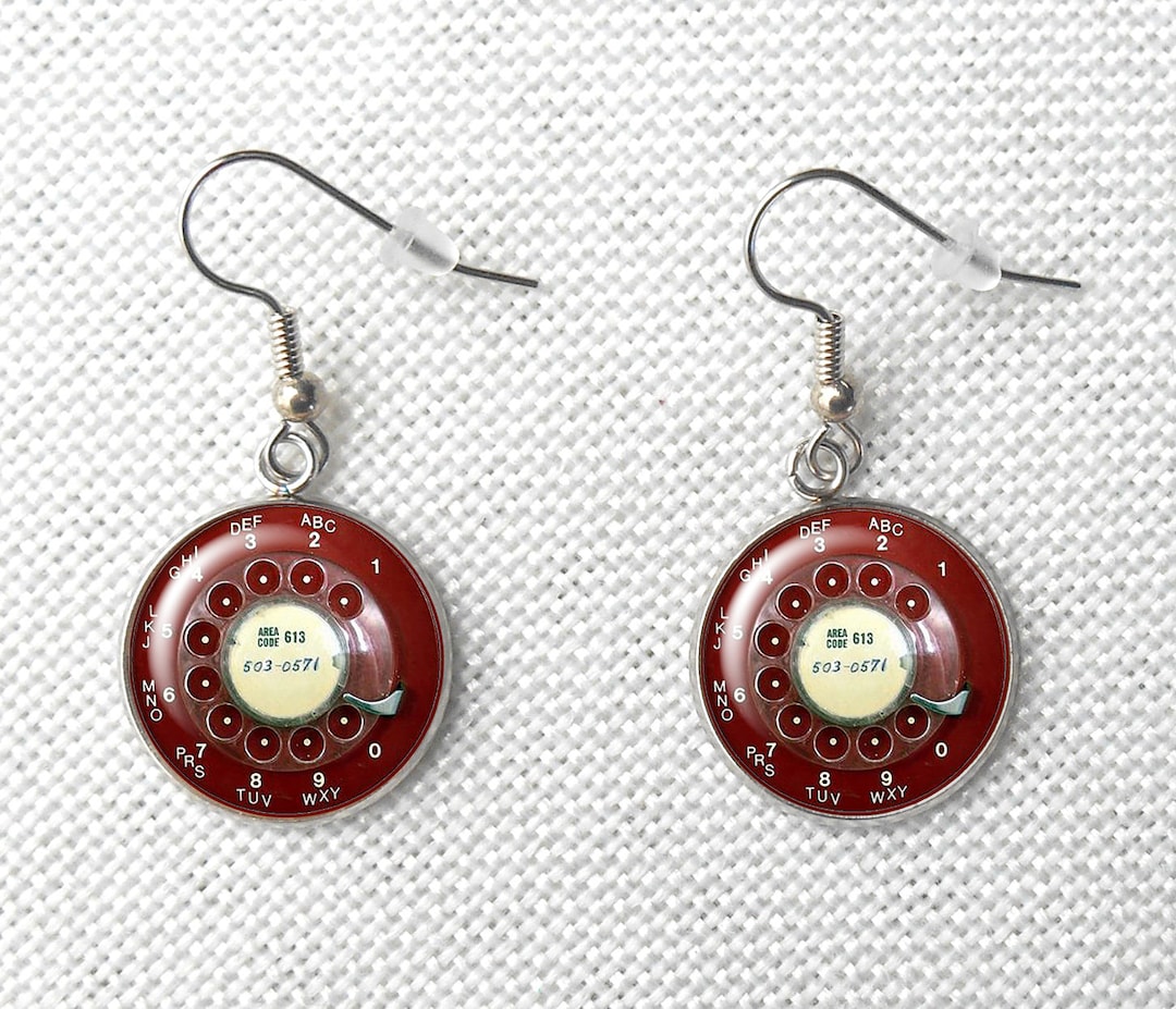 Burgundy Rotary Phone Dial Steel 18mm Earrings, Mid Century Modern ...