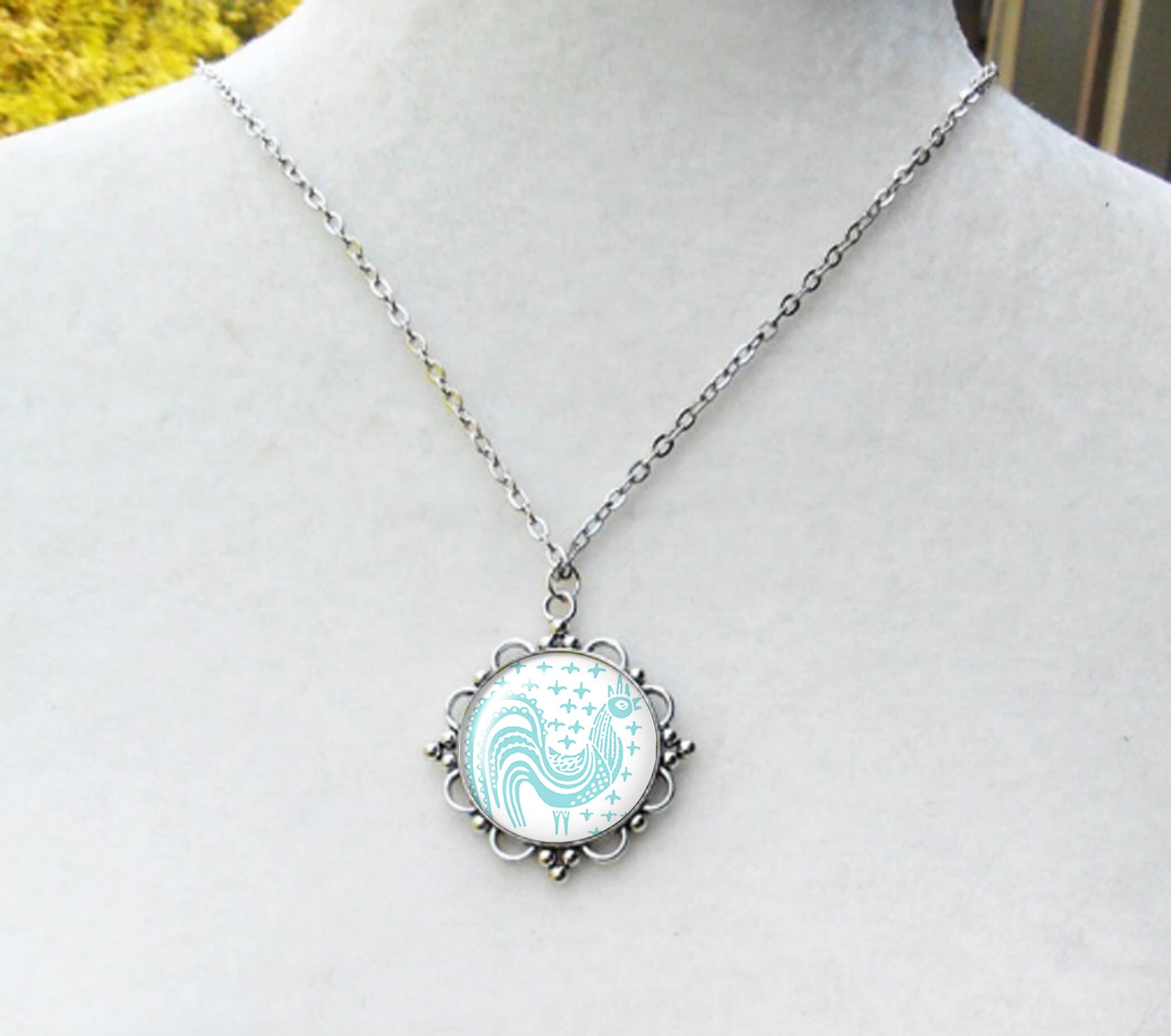 Pyrex Blue Butterprint Rooster Pattern Flower Necklace, 30mm, January ...