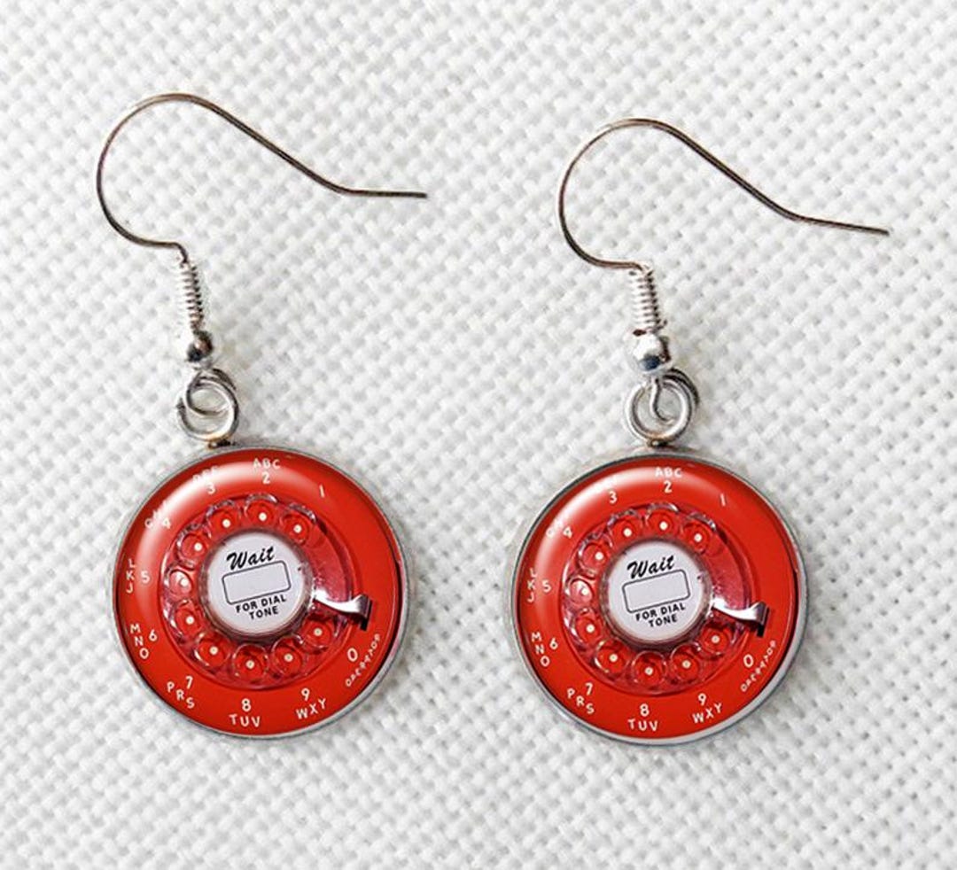 Red Rotary Phone Dial 16mm Steel Earrings, Mid Century Modern ...