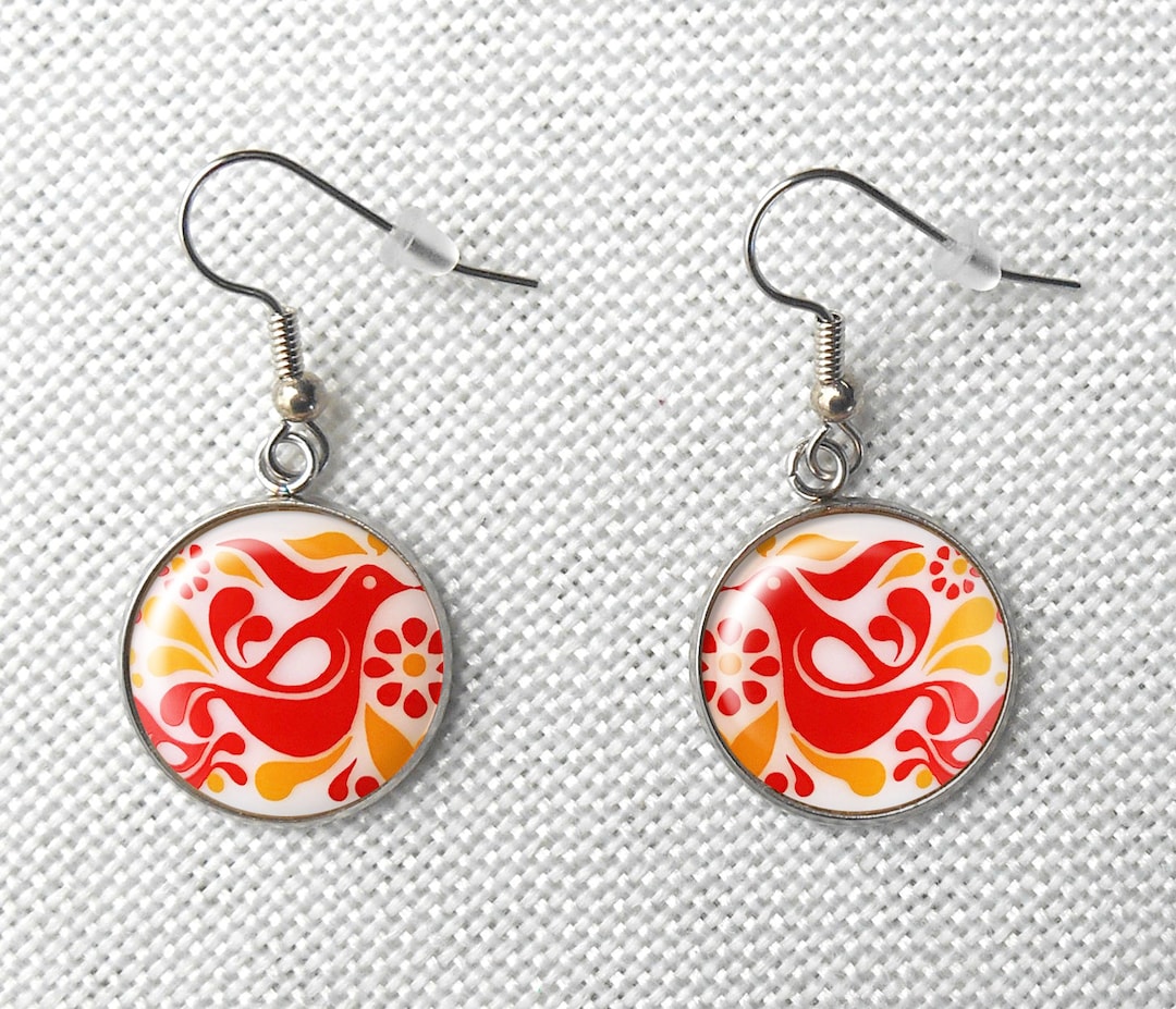 Pyrex Friendship Bird Pattern Surgical Steel Dangle 16mm Earrings ...
