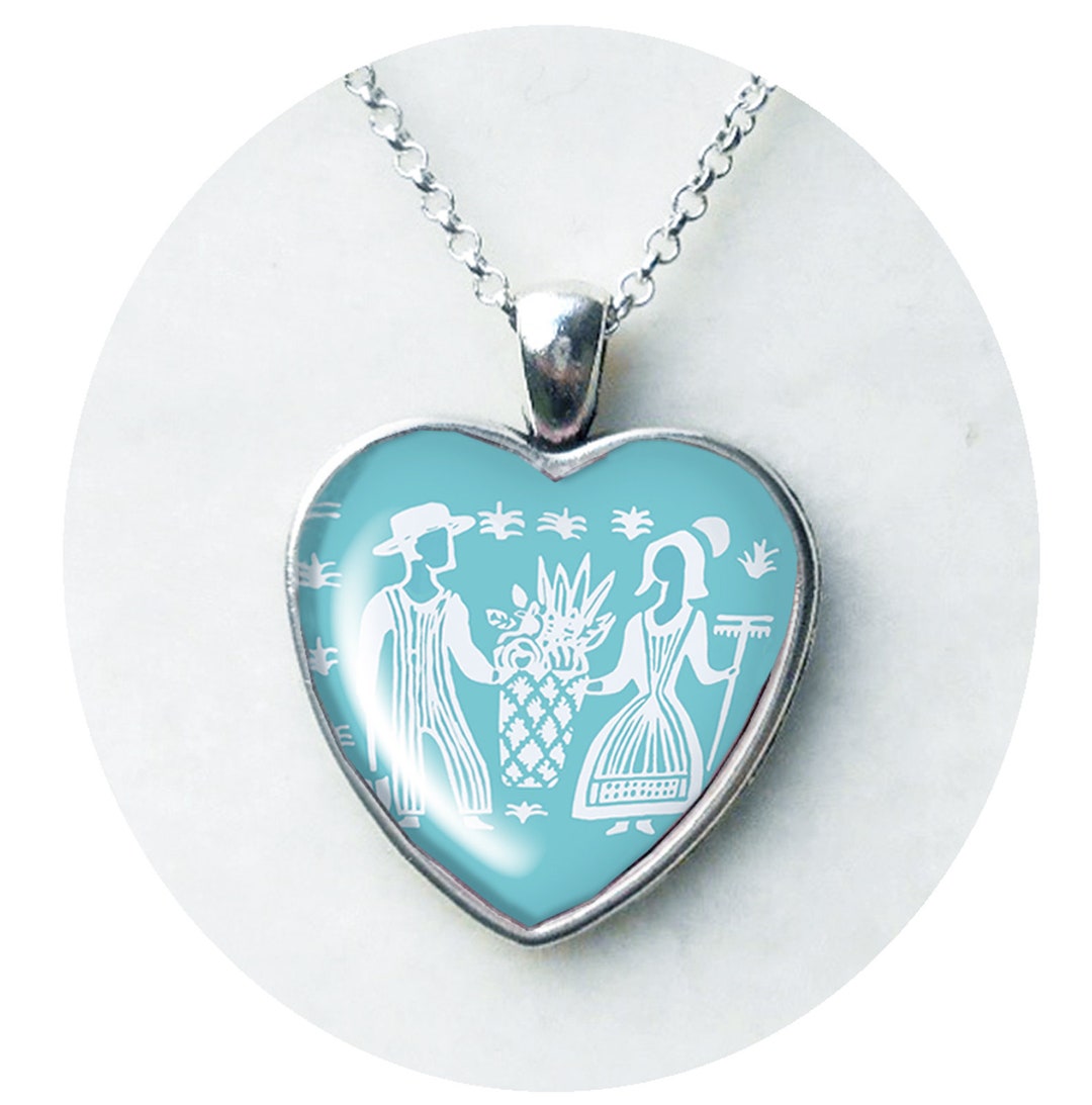 Pyrex Blue Butterprint 25mm Heart Necklace, Retro Necklace - Etsy