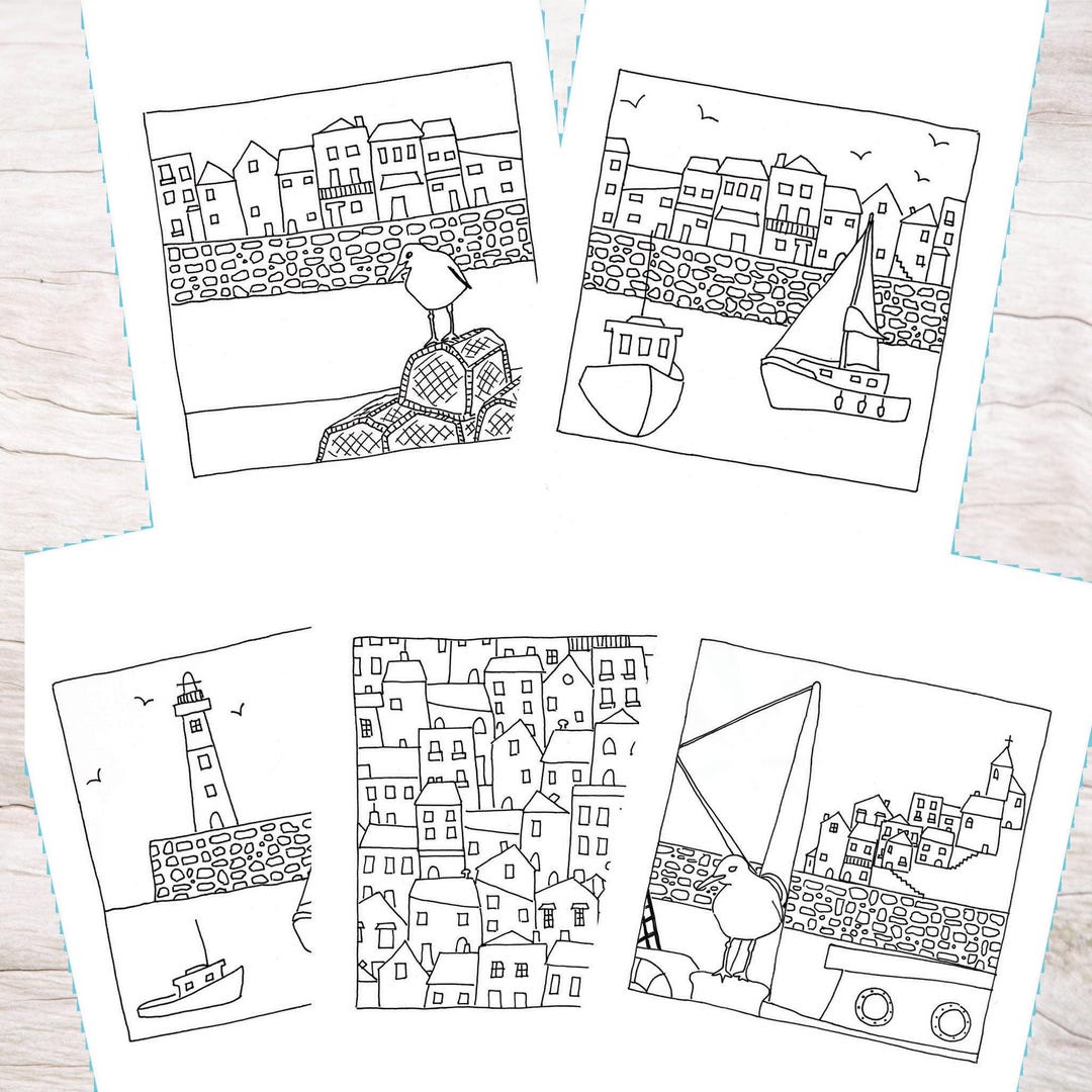 Printable Easy Colouring Sheets Coastal Harbour Scenes X 5 - Etsy