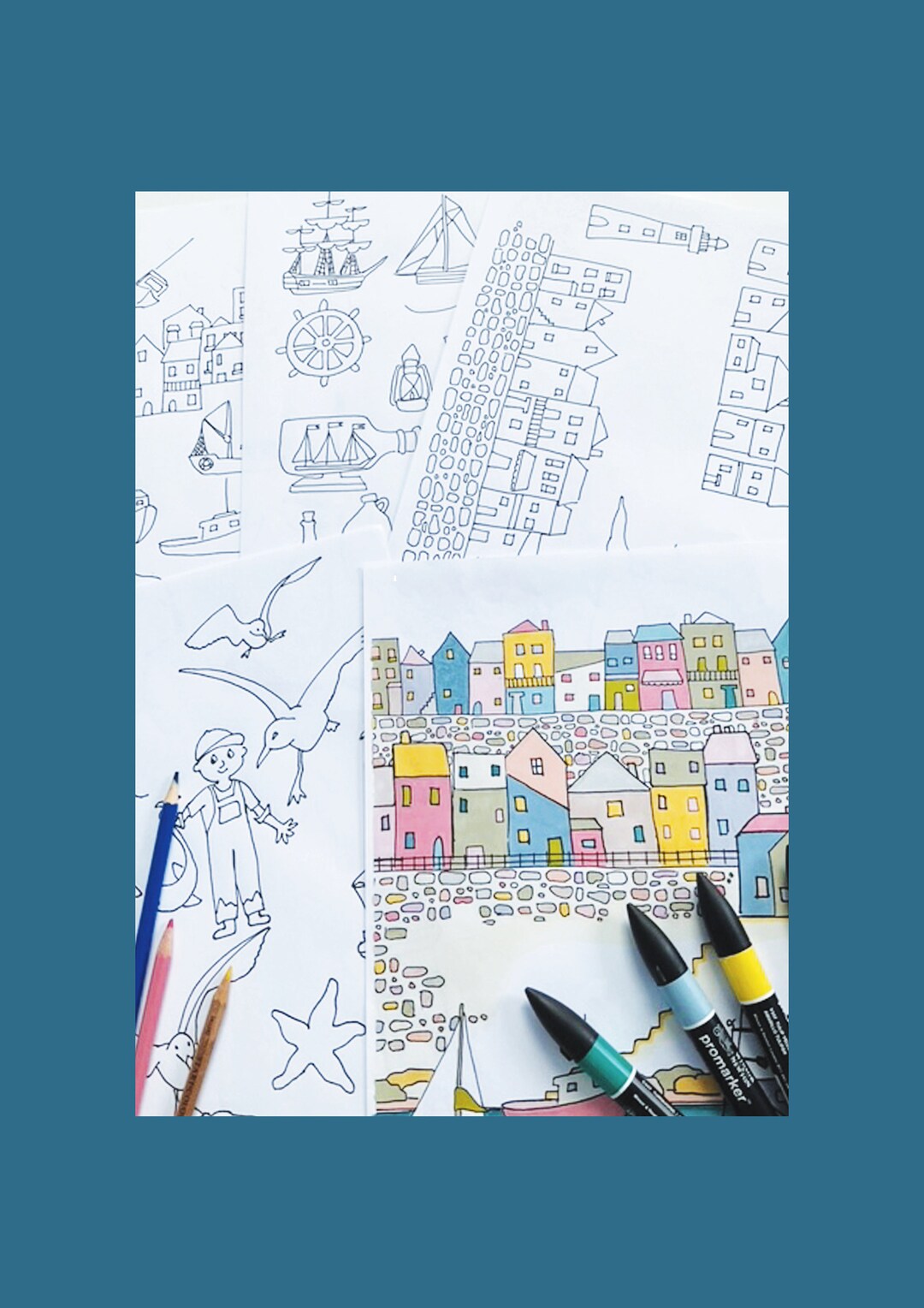 Printable Colouring Sheets Harbour Hand Drawn Colouring - Etsy