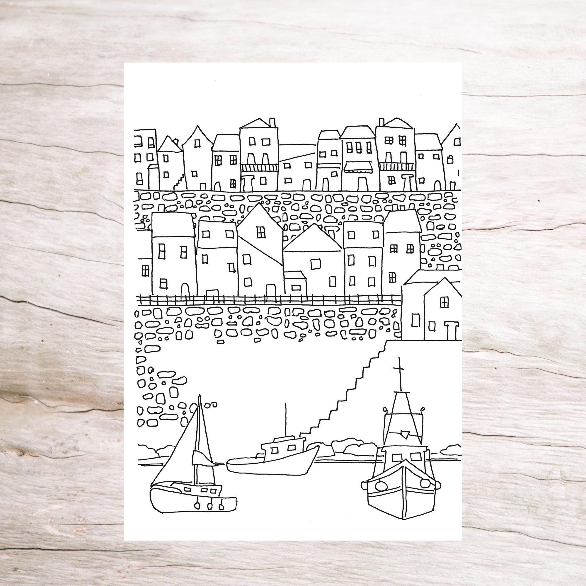 Printable Colouring Sheets, Harbour Hand Drawn Colouring Pages. - Etsy