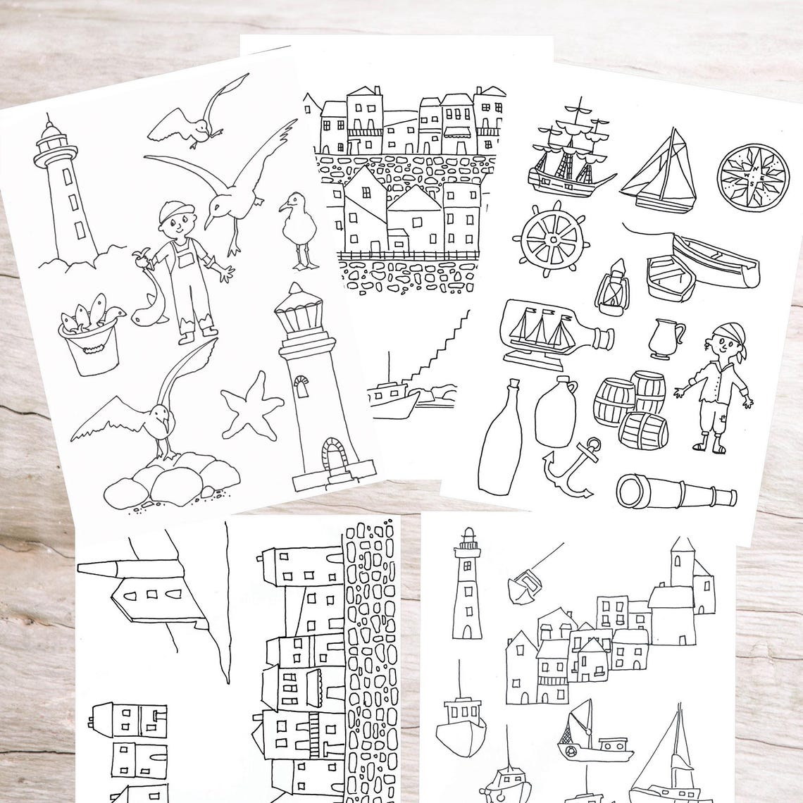Printable Colouring Sheets, Harbour Hand Drawn Colouring Pages. - Etsy