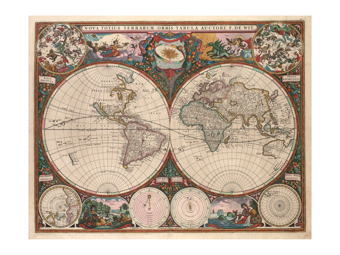De Wit's Map of the World - Antique Wall Decor - Vintage Art Prints ...