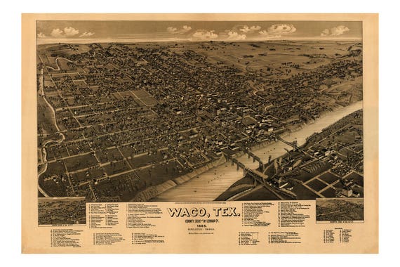 1866 Map of Waco Texas Vintage Art Print Antique Birds Eye - Etsy