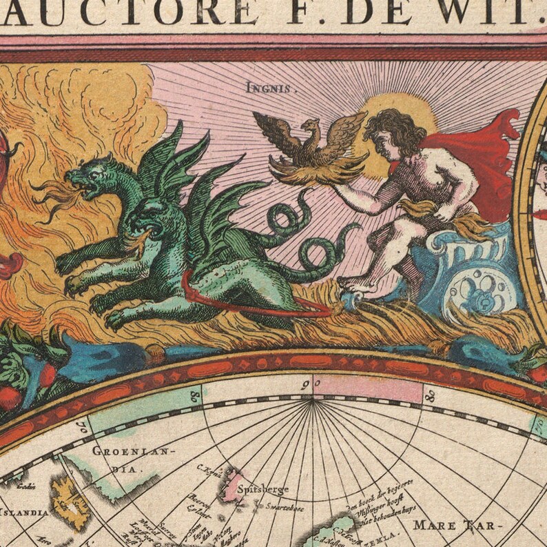 De Wit's Map of the World Antique Wall Decor Vintage Art Prints Old ...