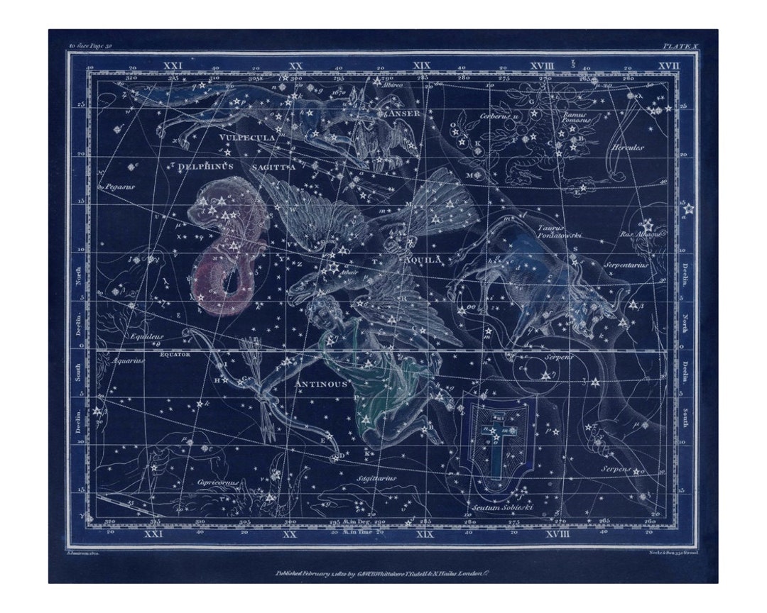 Vintage Delphinus Sagitta Aquila Antinous Constellation Celestial Map ...