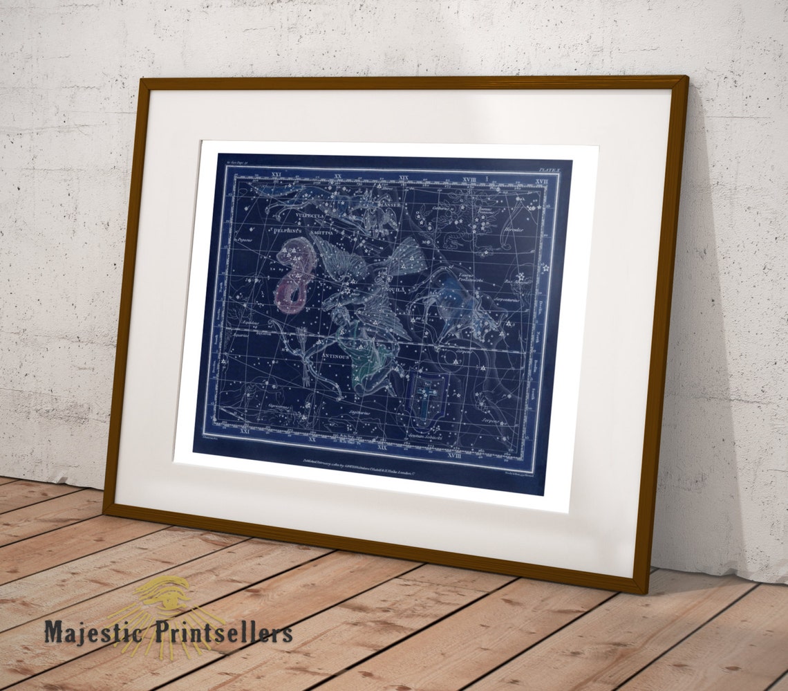 Vintage Delphinus Sagitta Aquila Antinous Constellation Celestial Map ...