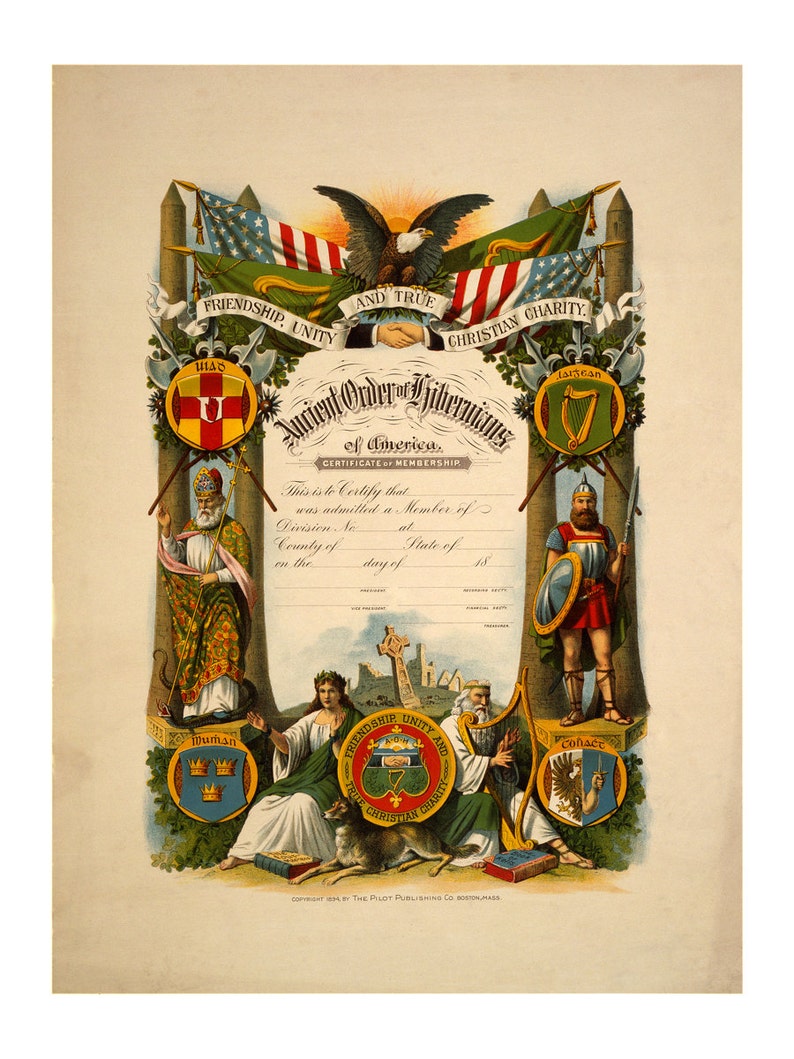 Ancient Order of Hibernians Vintage Art Print Antique Irish Catholic Fraternal Certificate ...