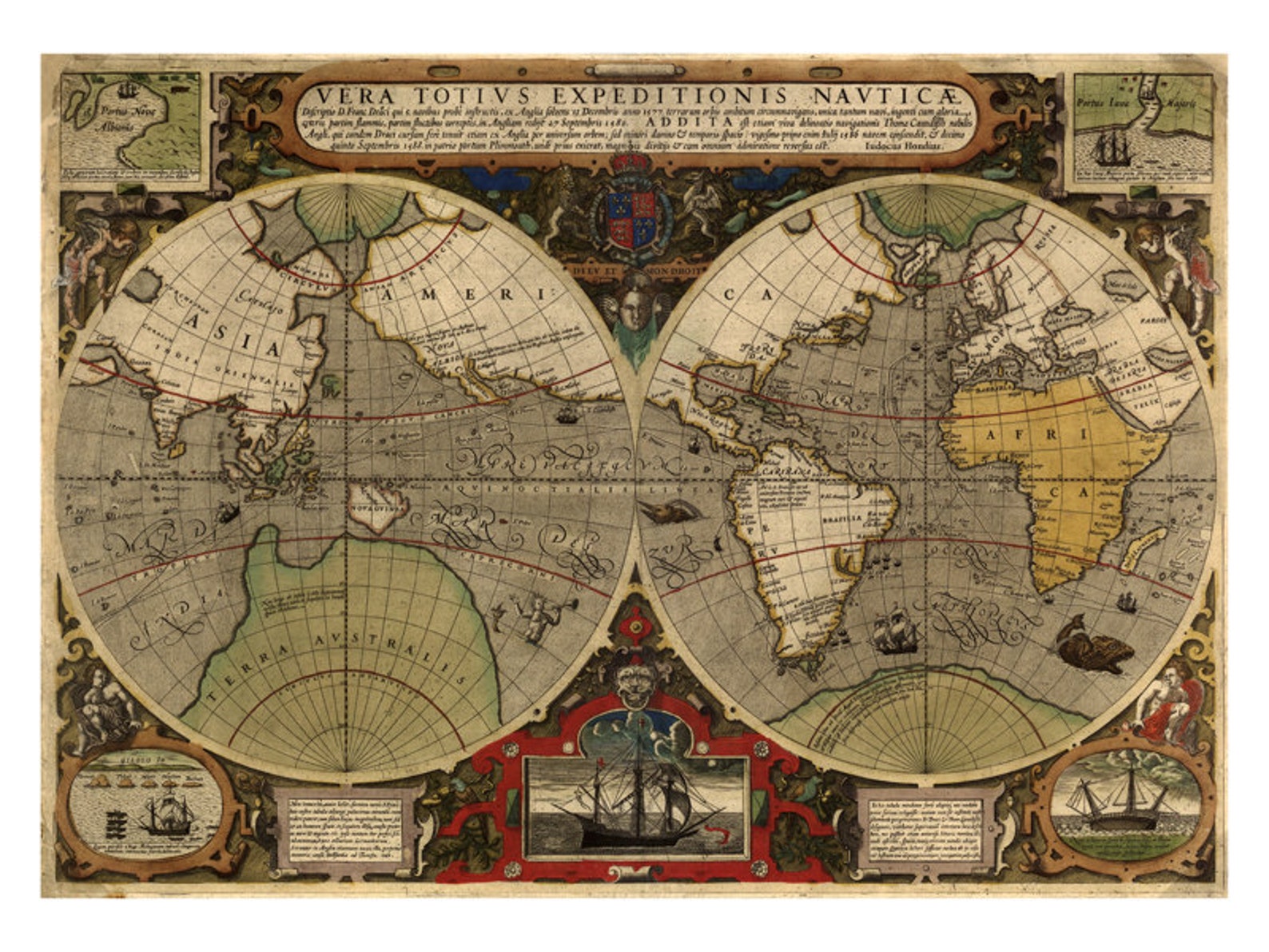 Hondius Map of the World Antique Map Wall Decor Restoration Style ...