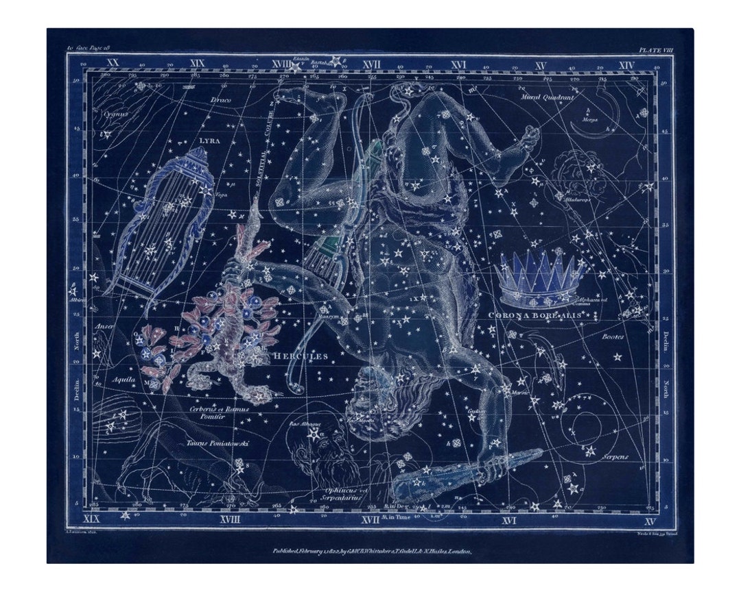 Vintage Lyra Hercules Corona Borealis Constellation Celestial Map ...