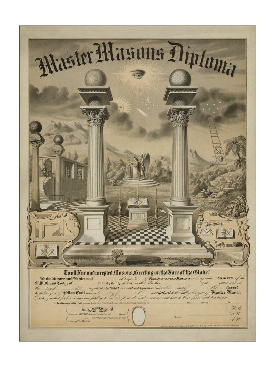 Master Masons Diploma - Vintage Wall Art Print - Masonic Home Decor and ...