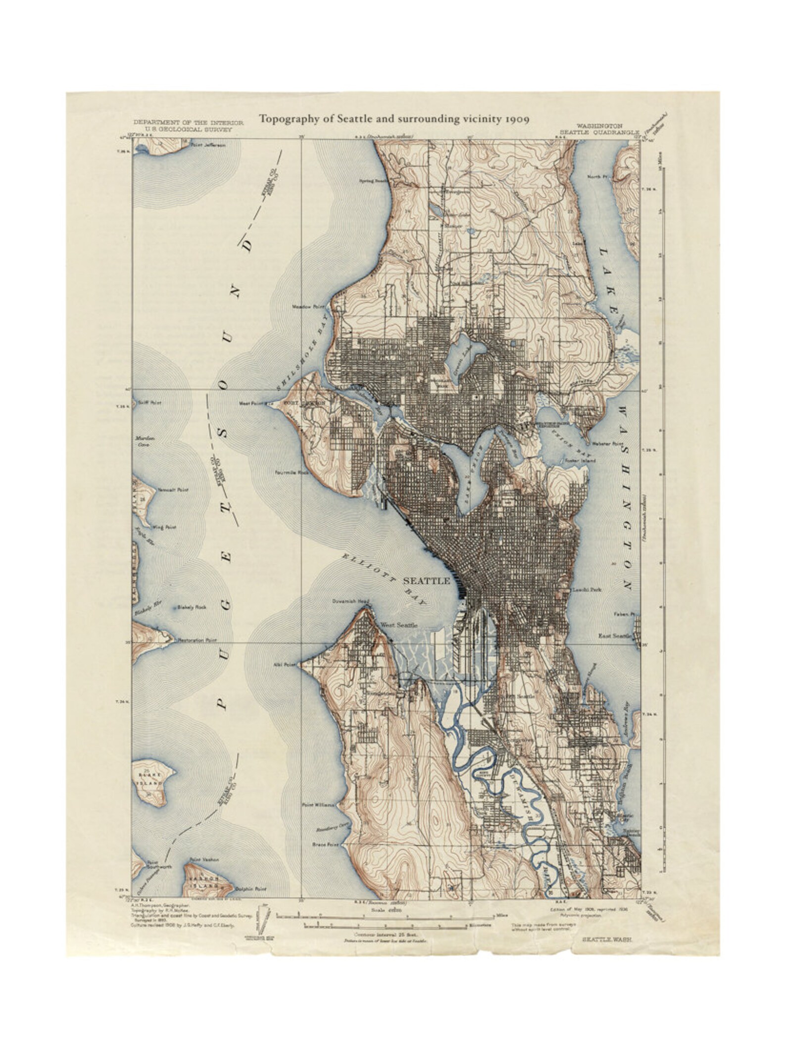 1909 Topographic Map of Seattle Old Maps and Prints Emerald City Wall ...