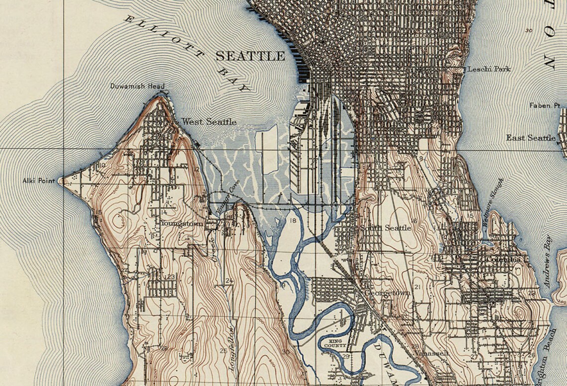 1909 Topographic Map of Seattle Old Maps and Prints Emerald City Wall ...