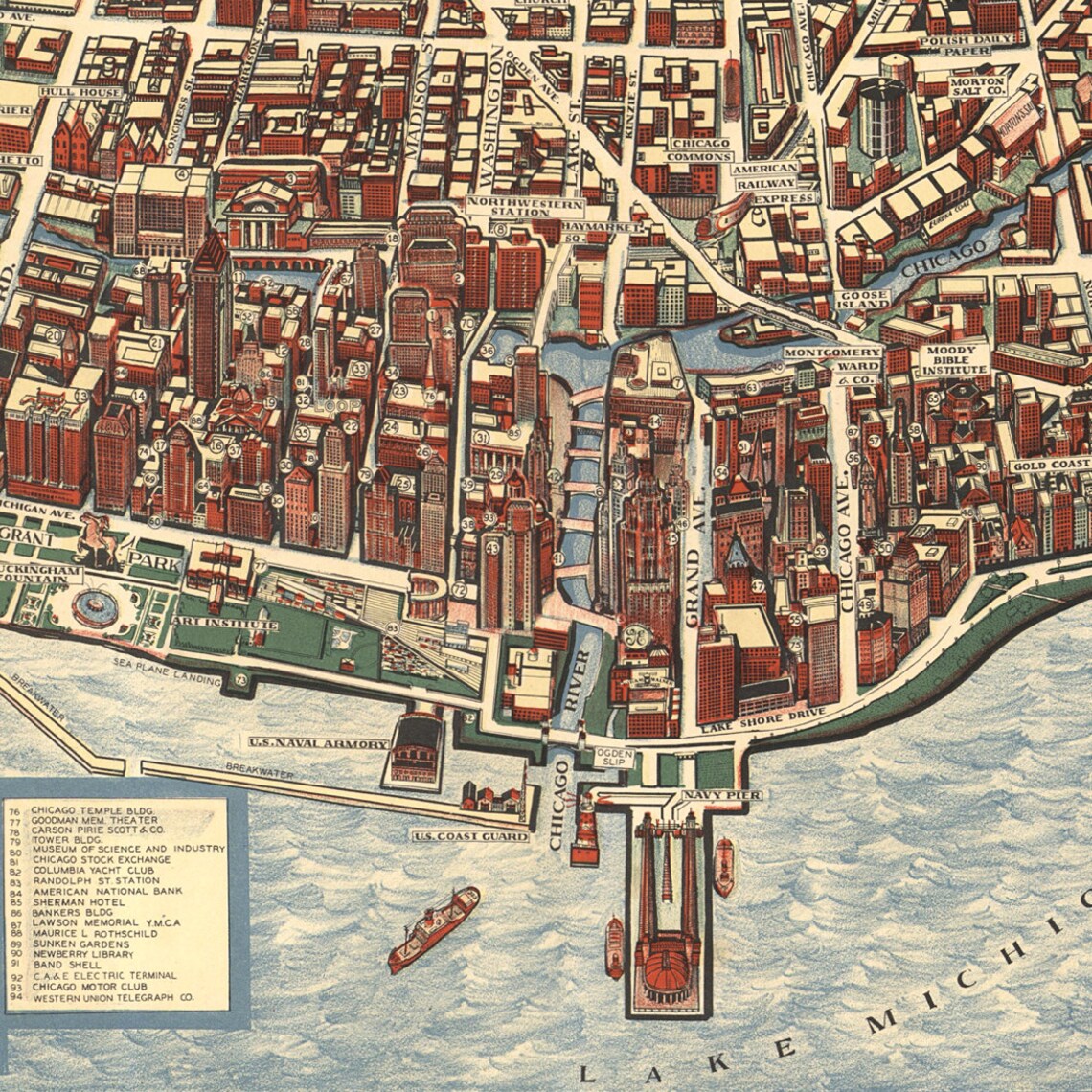 Panoramic Map of Chicago Old Maps and Prints Vintage Wall Decor Antique ...