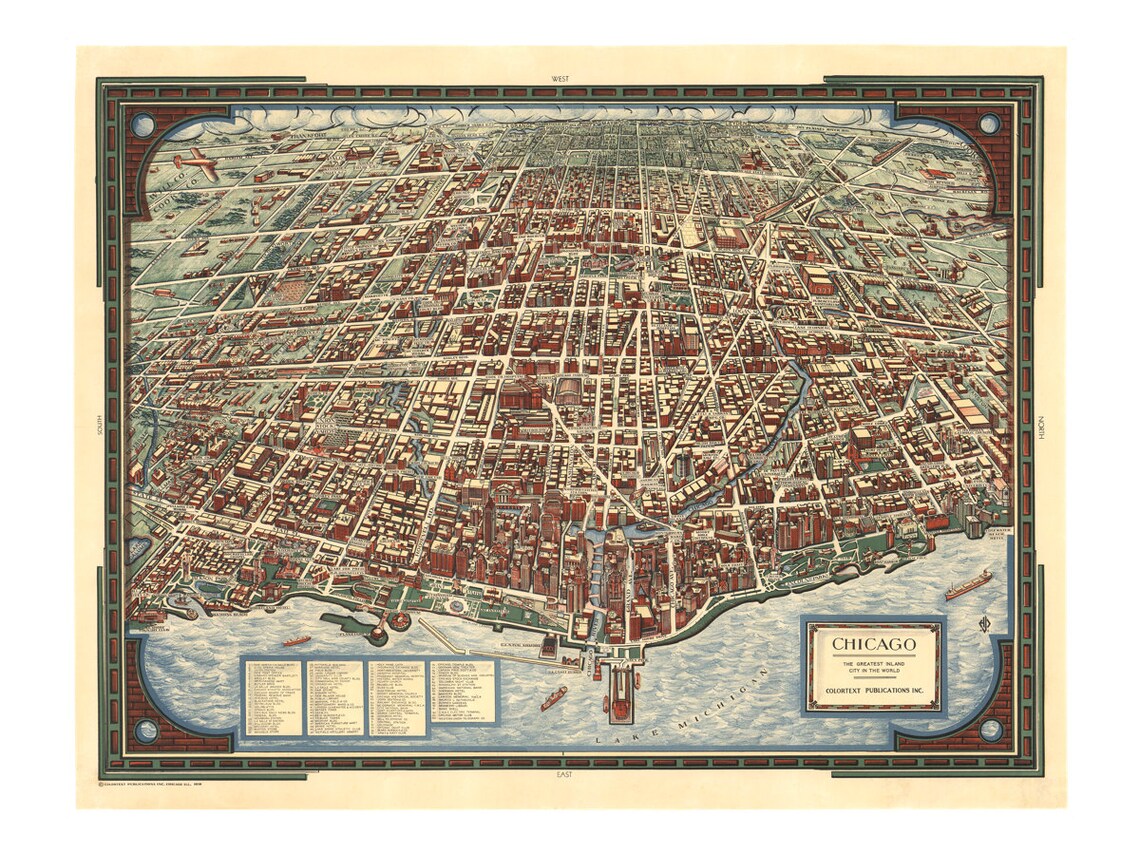 Panoramic Map of Chicago Old Maps and Prints Vintage Wall Decor Antique ...