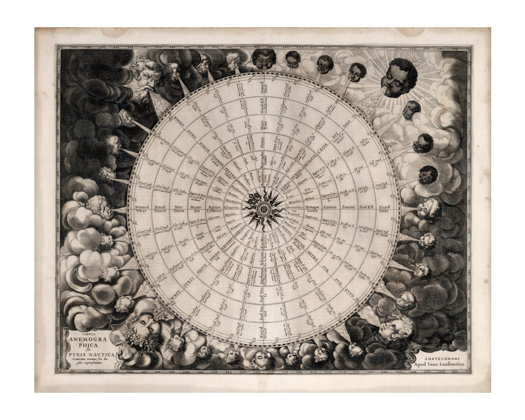 Map of the Winds Compass Rose Chart - Vintage Nautical Art Print ...
