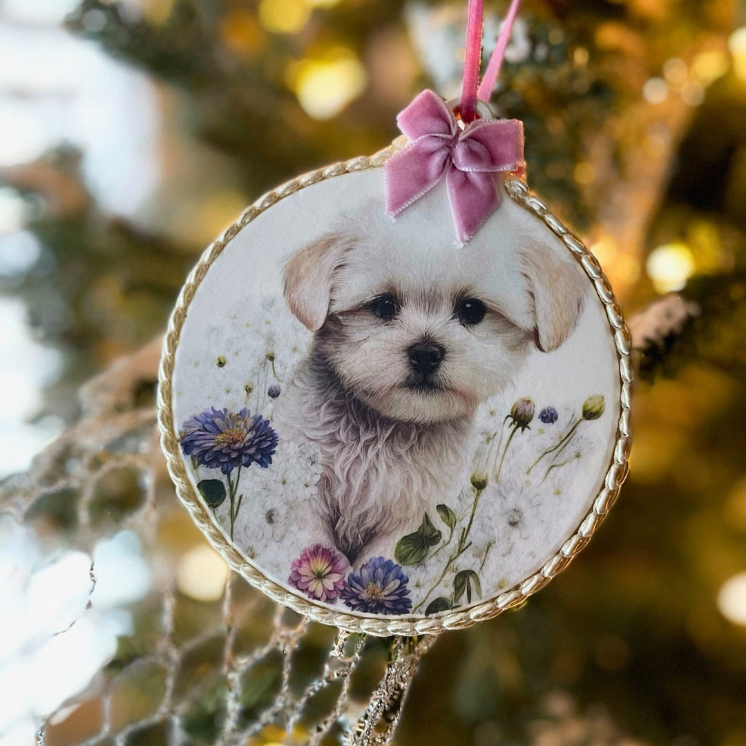 Bichon Frise Puppy Christmas Ornament, Gift for Pet Dog Lover, Pink Bow ...