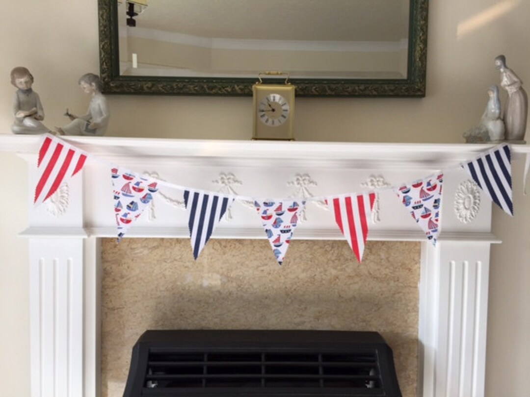 Seaside Nautical Stripe Retro Bunting With Boats Handmade Poly Cotton ...