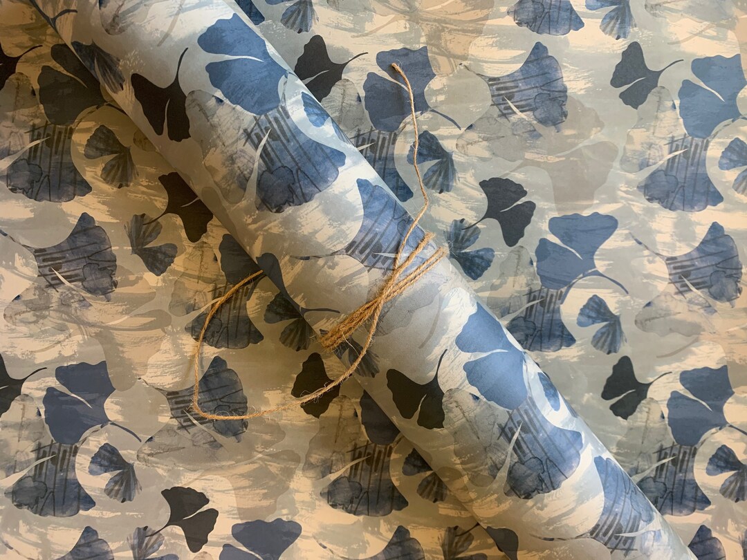 Indigo Blue Ginkgo Leaf Print Wrapping Paper, Giftwrap for Textile ...