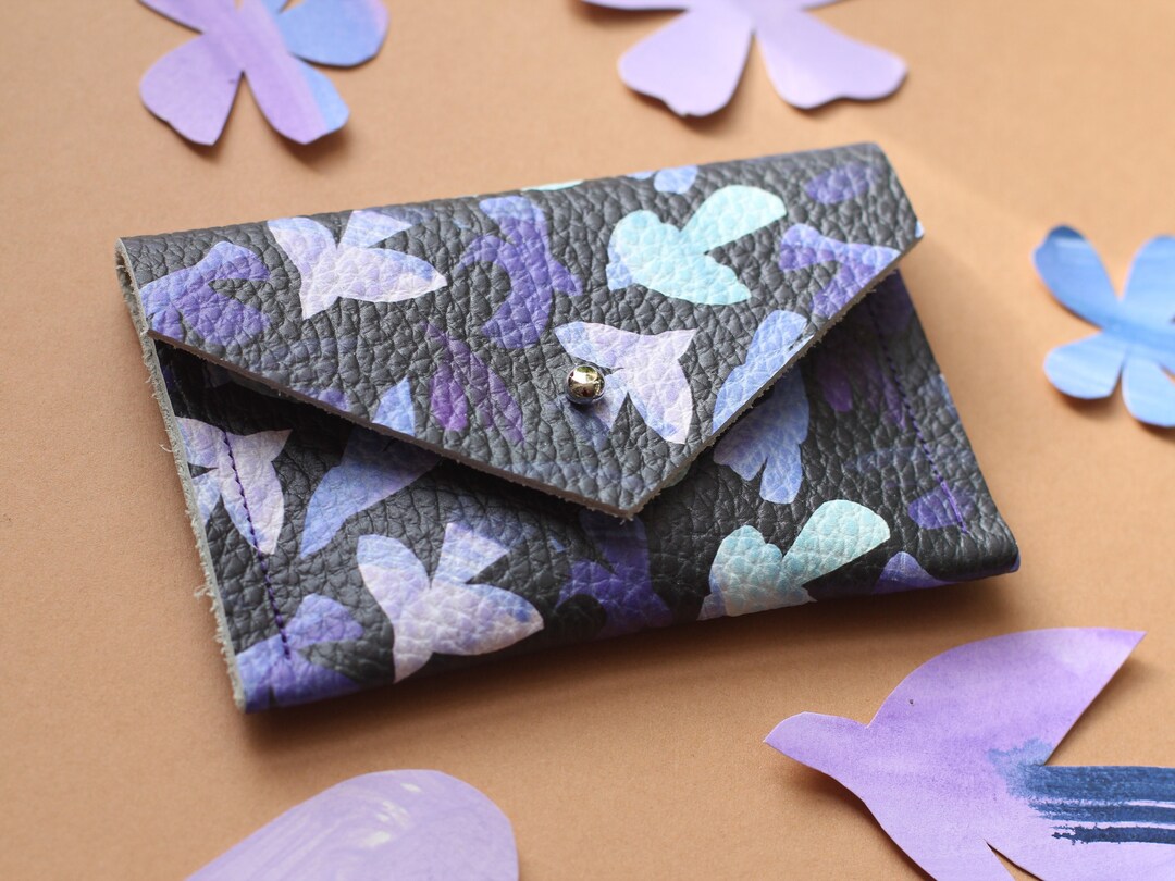 Dove Print Leather Card Wallet in Purple and Blue Dove Print - Etsy