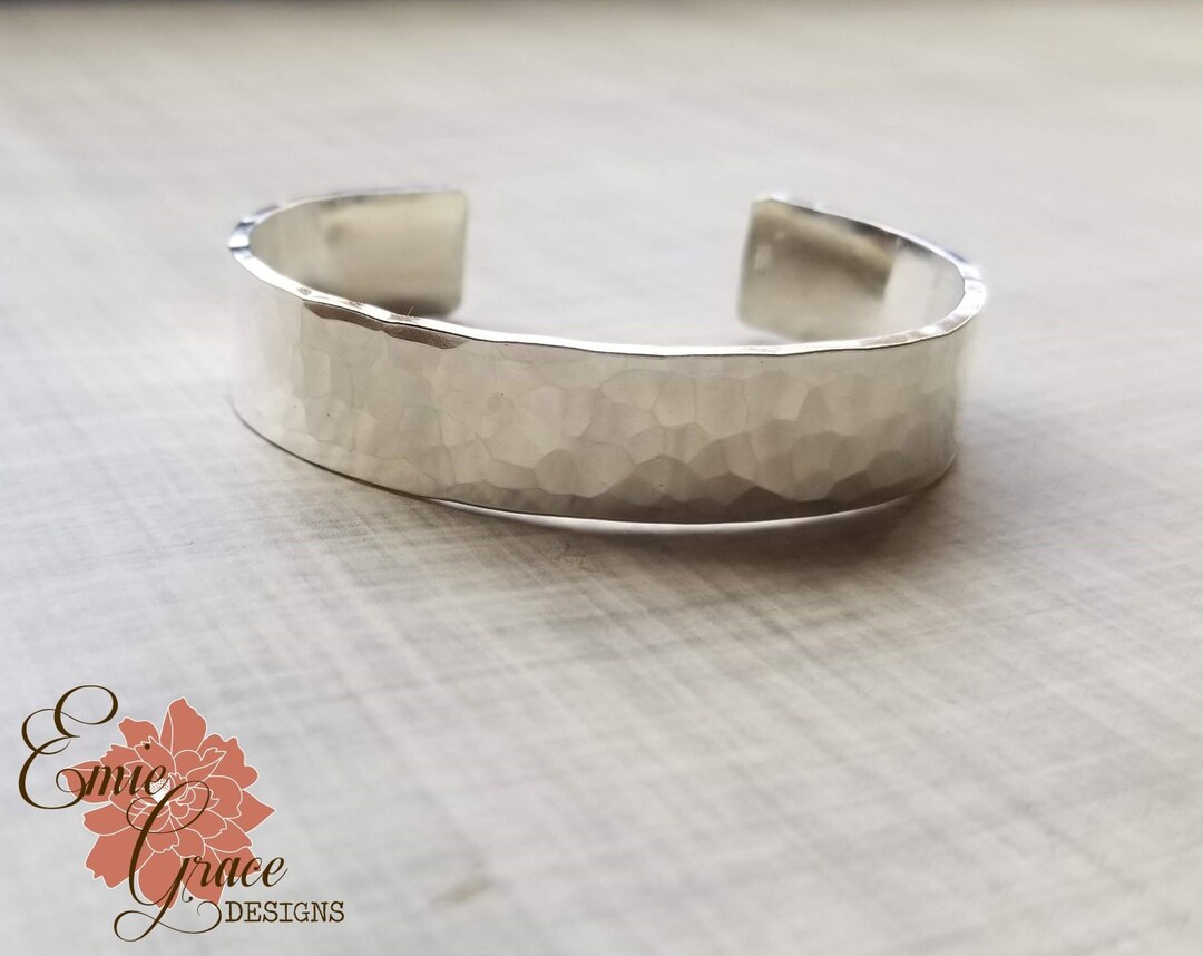 Thick Sterling Silver Cuff Bracelet 13mm, Hammered Cuff, Personalized Message, Hand Stamped ...