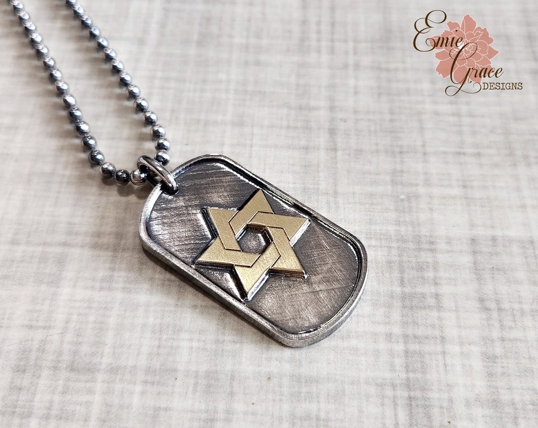 Sterling Silver and 18K Gold Star of David Dog Tag Necklace, Rustic ...