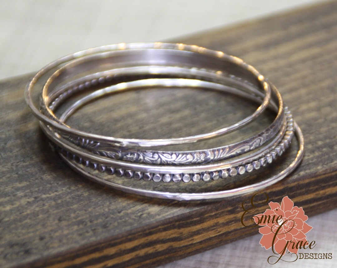 Bangle Bracelet Set of Five, Sterling Silver Stacking Bangles, Dot ...