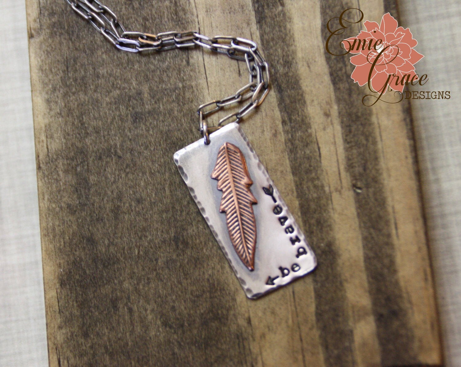 Be Brave Feather Dog Tag Necklace, Sterling Silver Dog Tag and Copper ...