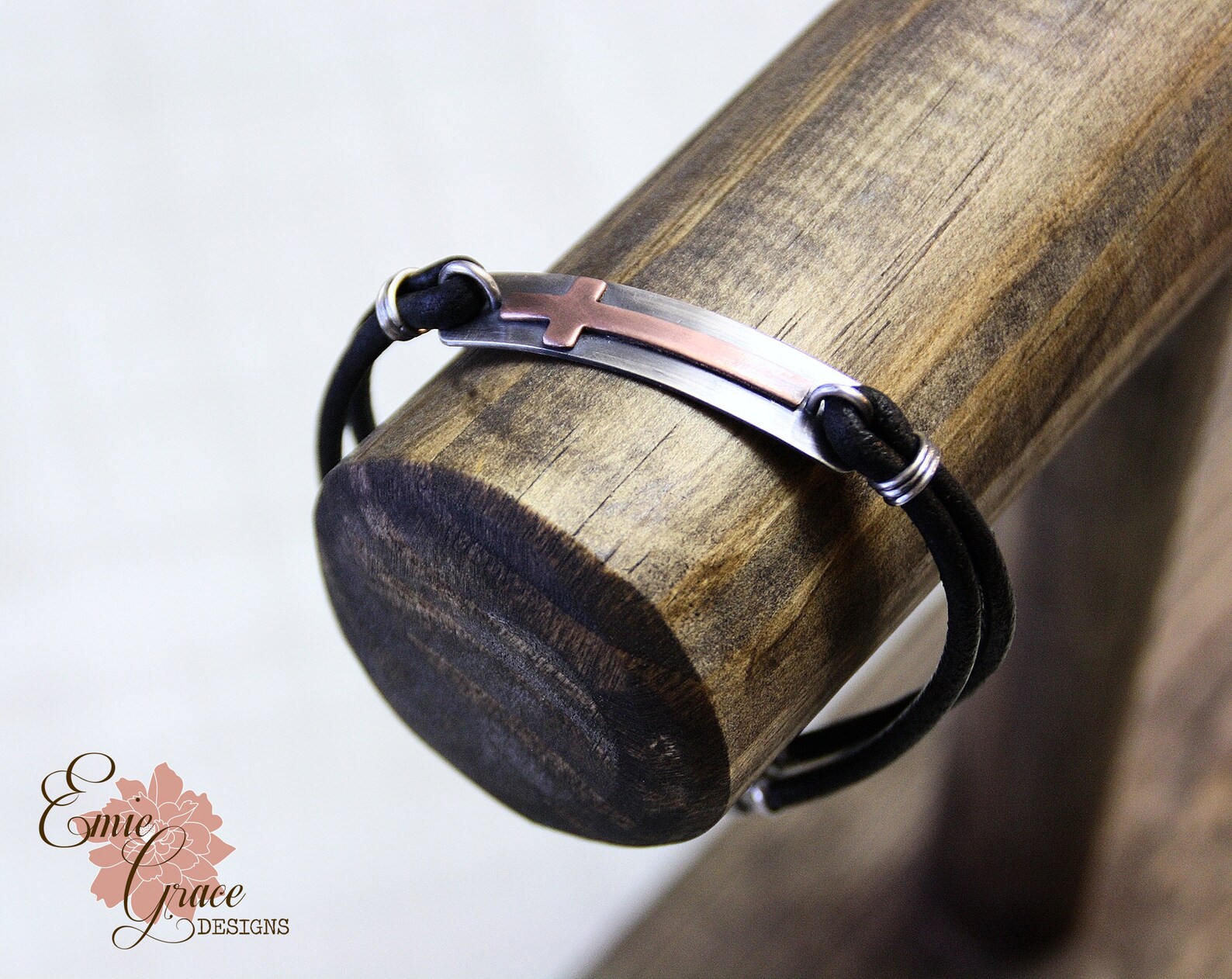 Men's Cross Bracelet, Sterling Silver Bar, Copper Cross, Leather Cord ...