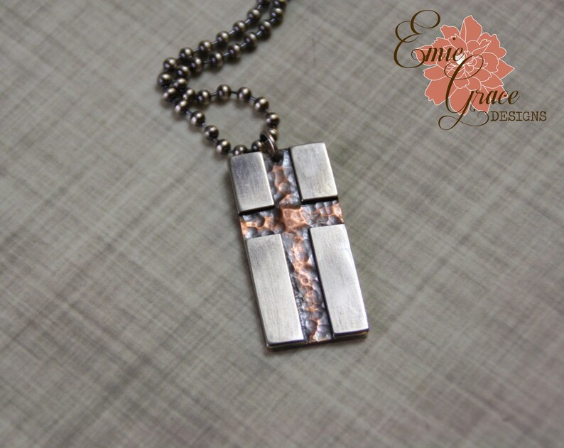 Cross Dog Tag Necklace, Sterling Silver and Copper, Rustic Cross ...
