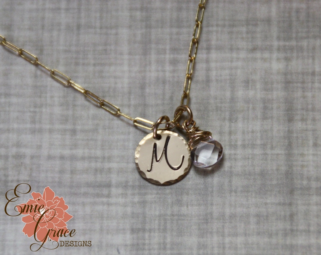 14k Gold Initial M Necklace, Gold Filled Script Letter Stamped Disk and ...