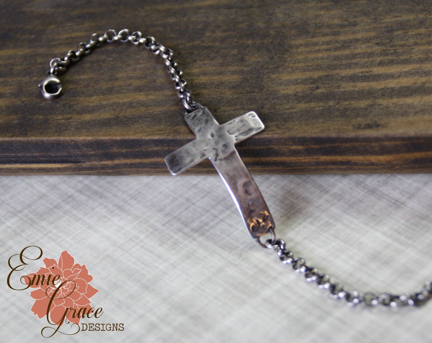Rustic Cross Bracelet, Sterling Silver Rolo Chain, Christian Bracelet ...